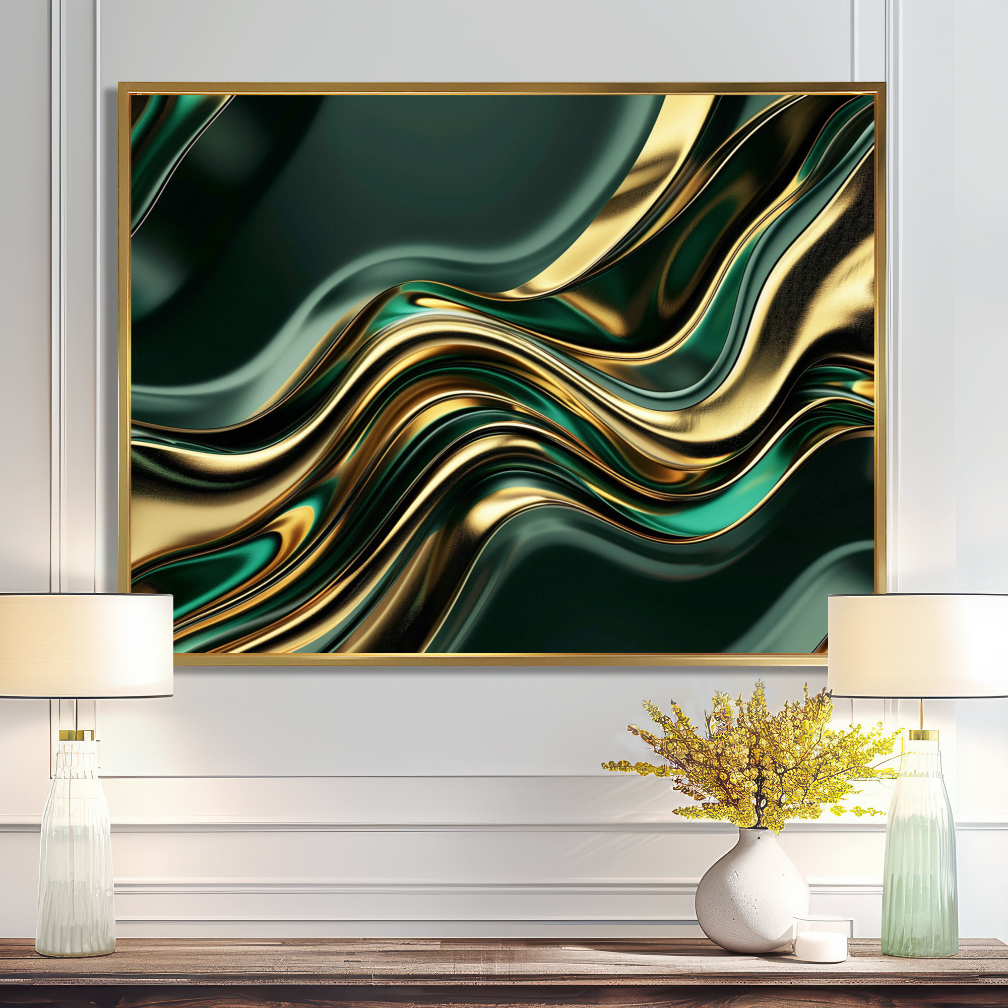 Mercer41 Liquid Emerald Gold Flows - Abstract Modern Waves Framed ...