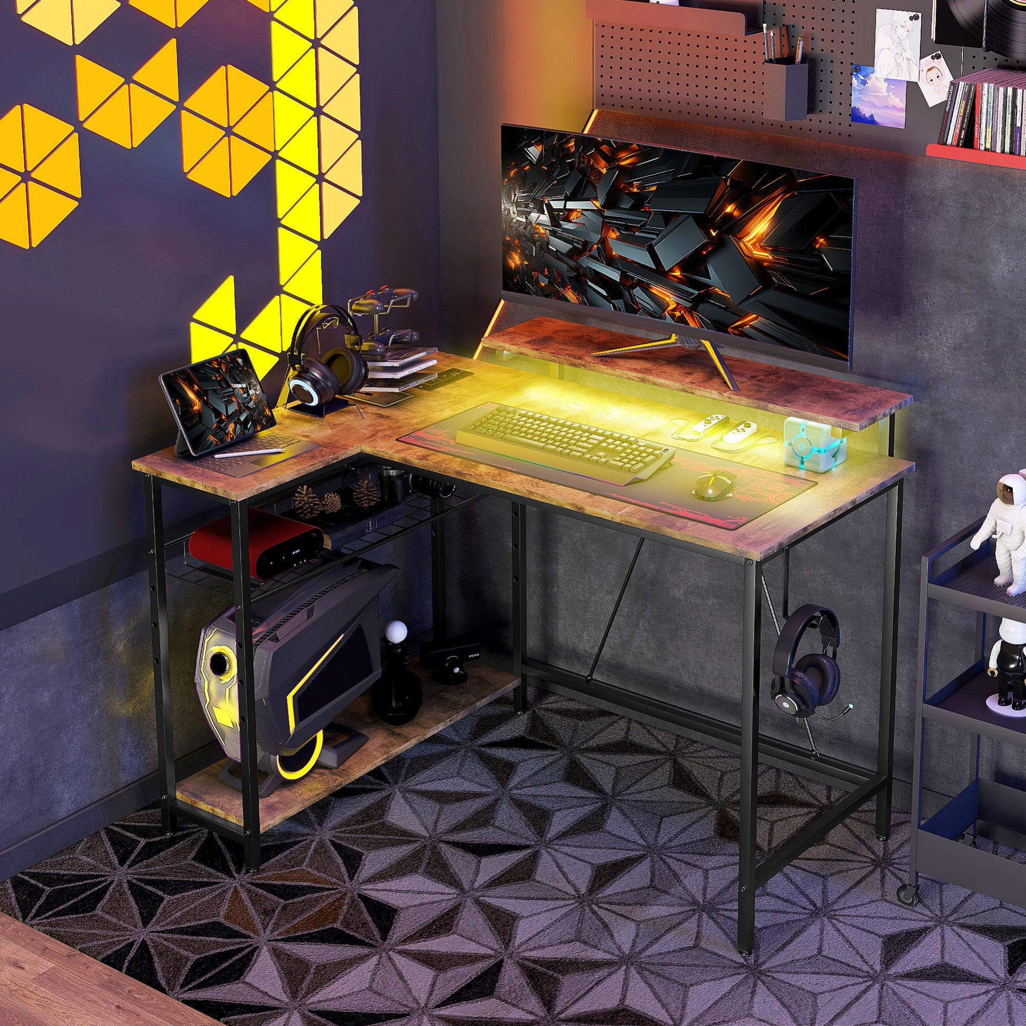 Latitude Run® Office Desk With LED Lights, Computer Desk With Storage ...