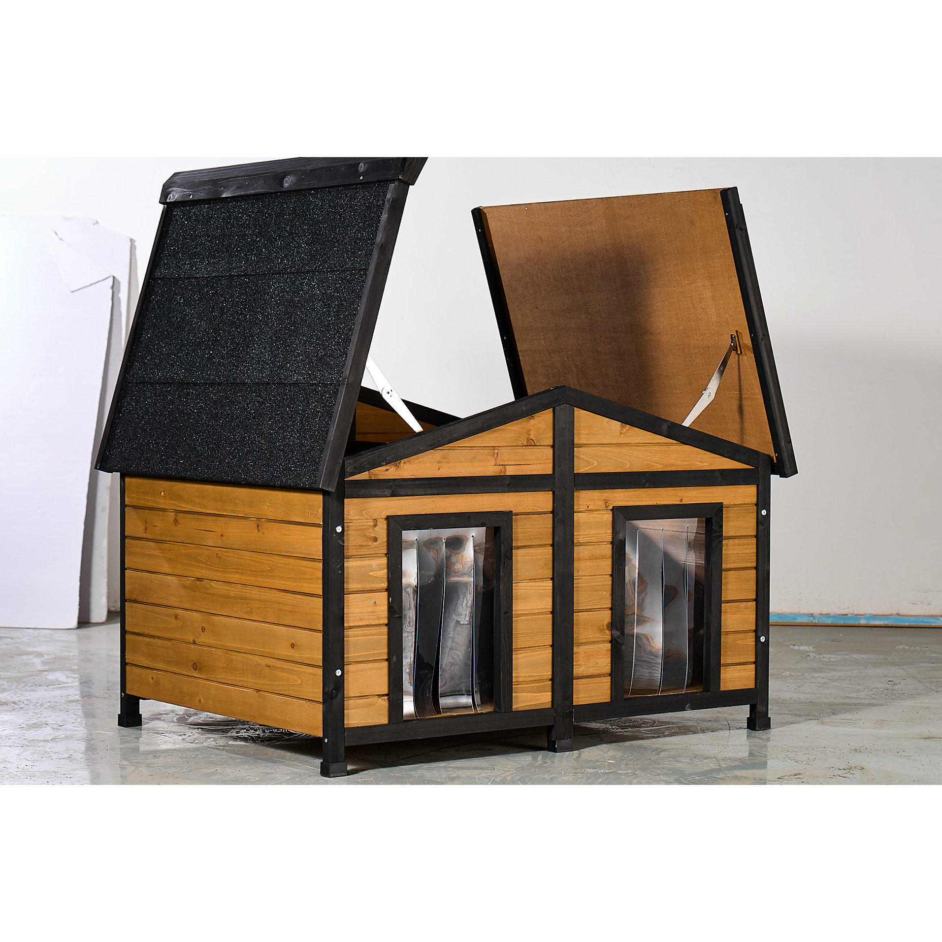August Grove® Large Fir Wood Dog Shelter With Dual Doors, Lift - Up ...