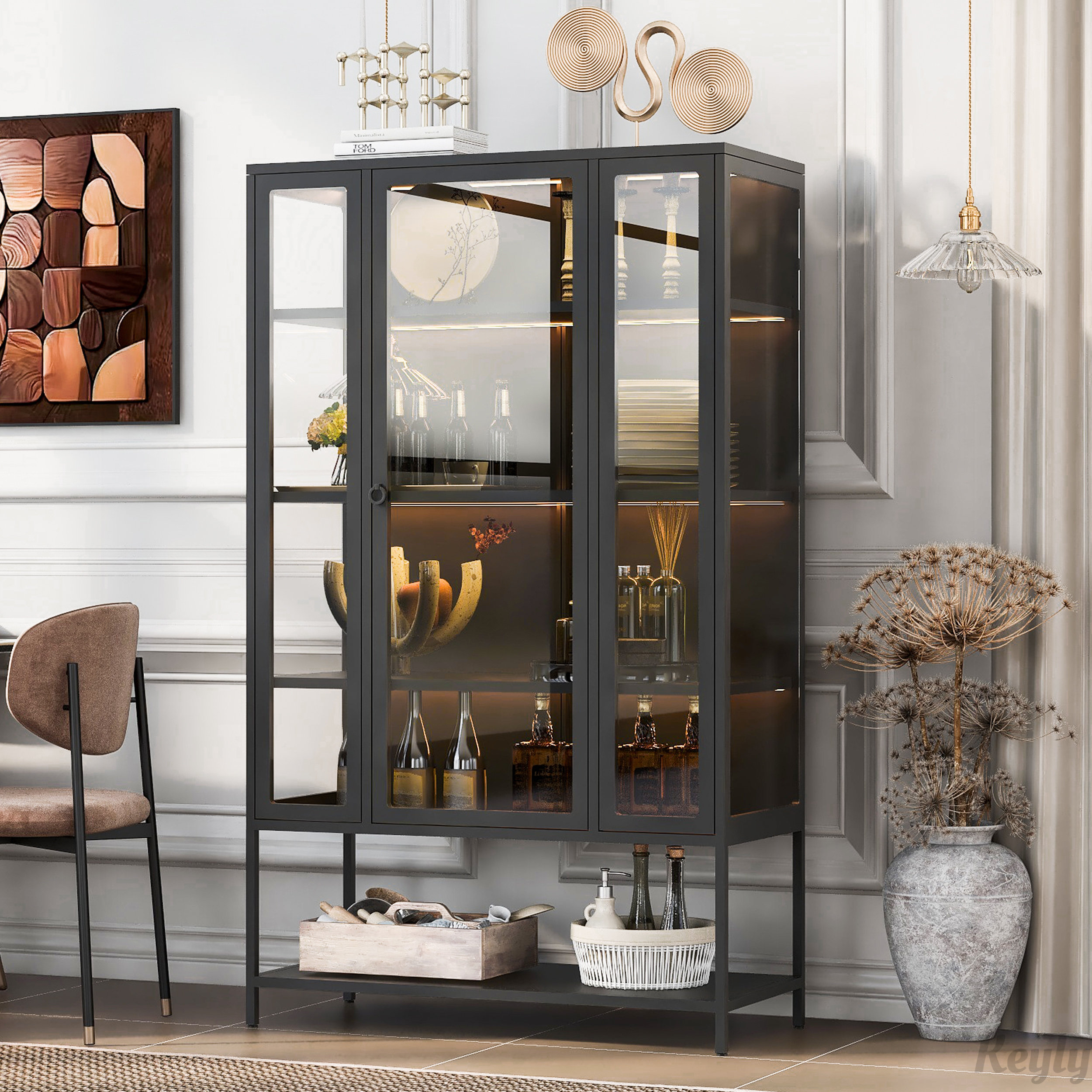 Brayden Studio Tall Iron Display Cabinet With Glass Door And LED Lights ...