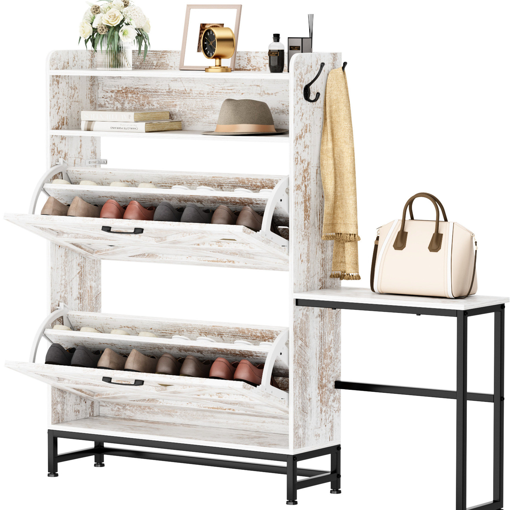 George Oliver Entrance Shoe Storage Cabinet White, 2 Flip Drawers ...