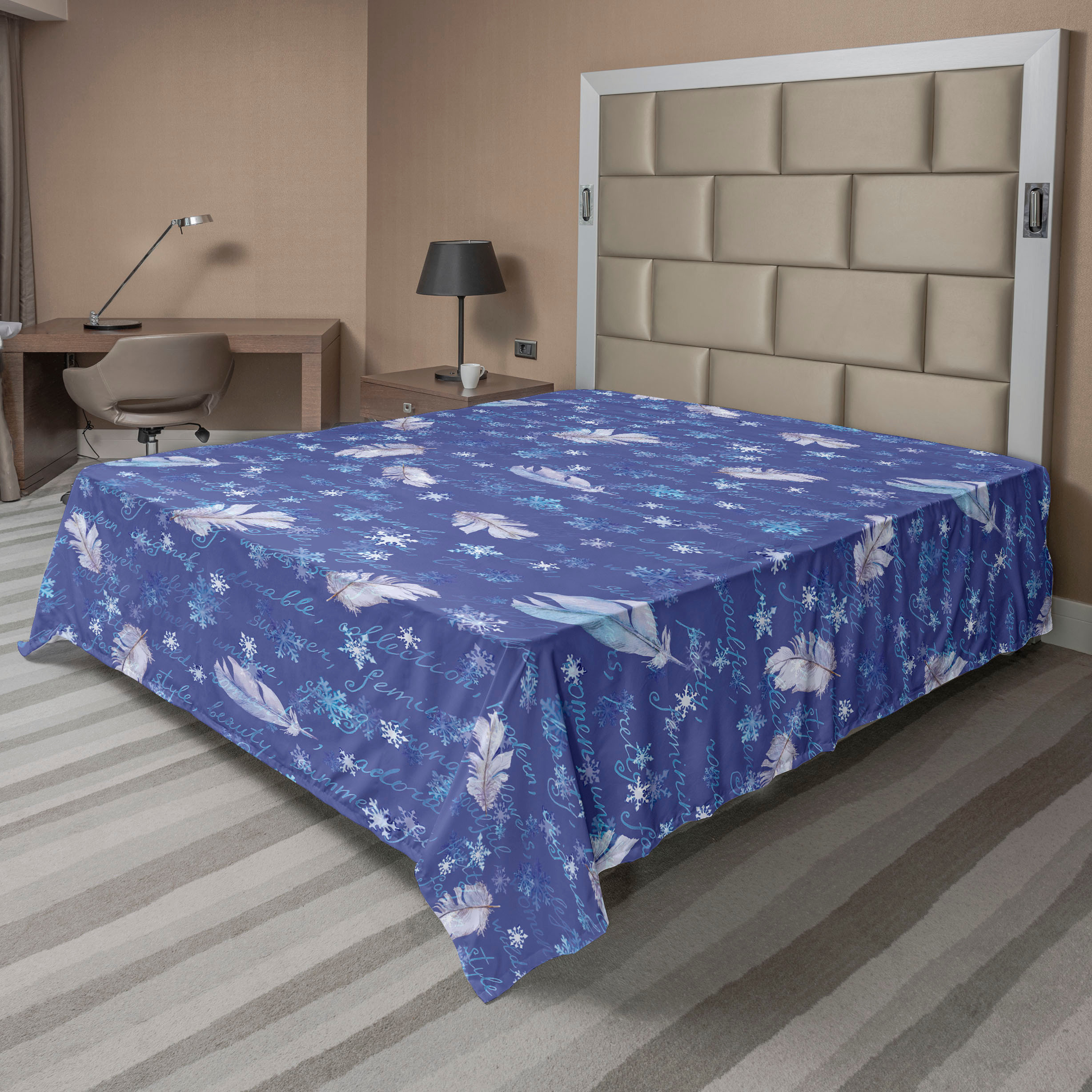 Ambesonne Romantic Flat Sheet Feathers Cursive Scripts Dark Ceil Blue ...