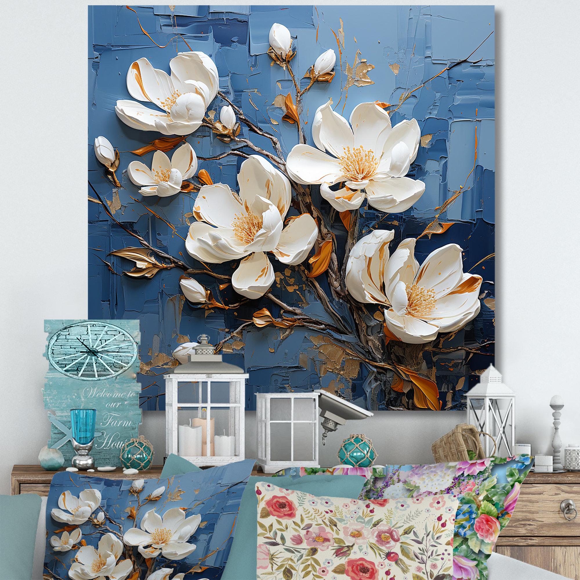 Winston Porter Blue And White Magnolia Blooming | Wayfair