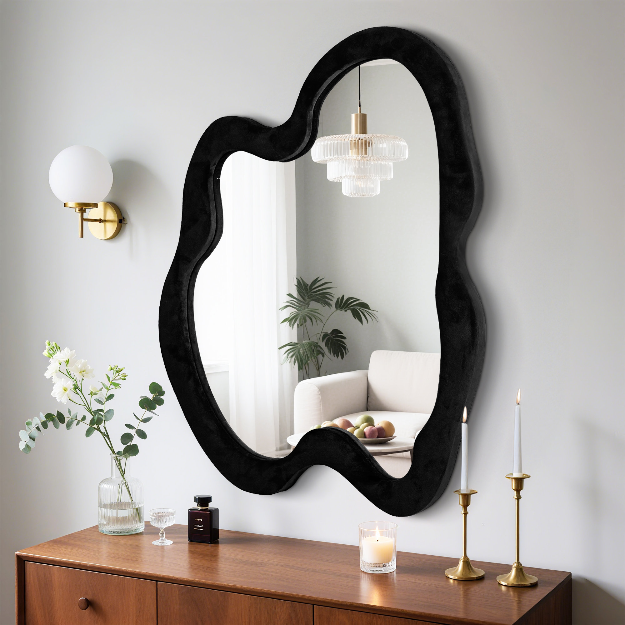 Mercer41 Irregular Shaped Decorative Wall Mirror with Velvet-Wrapped ...