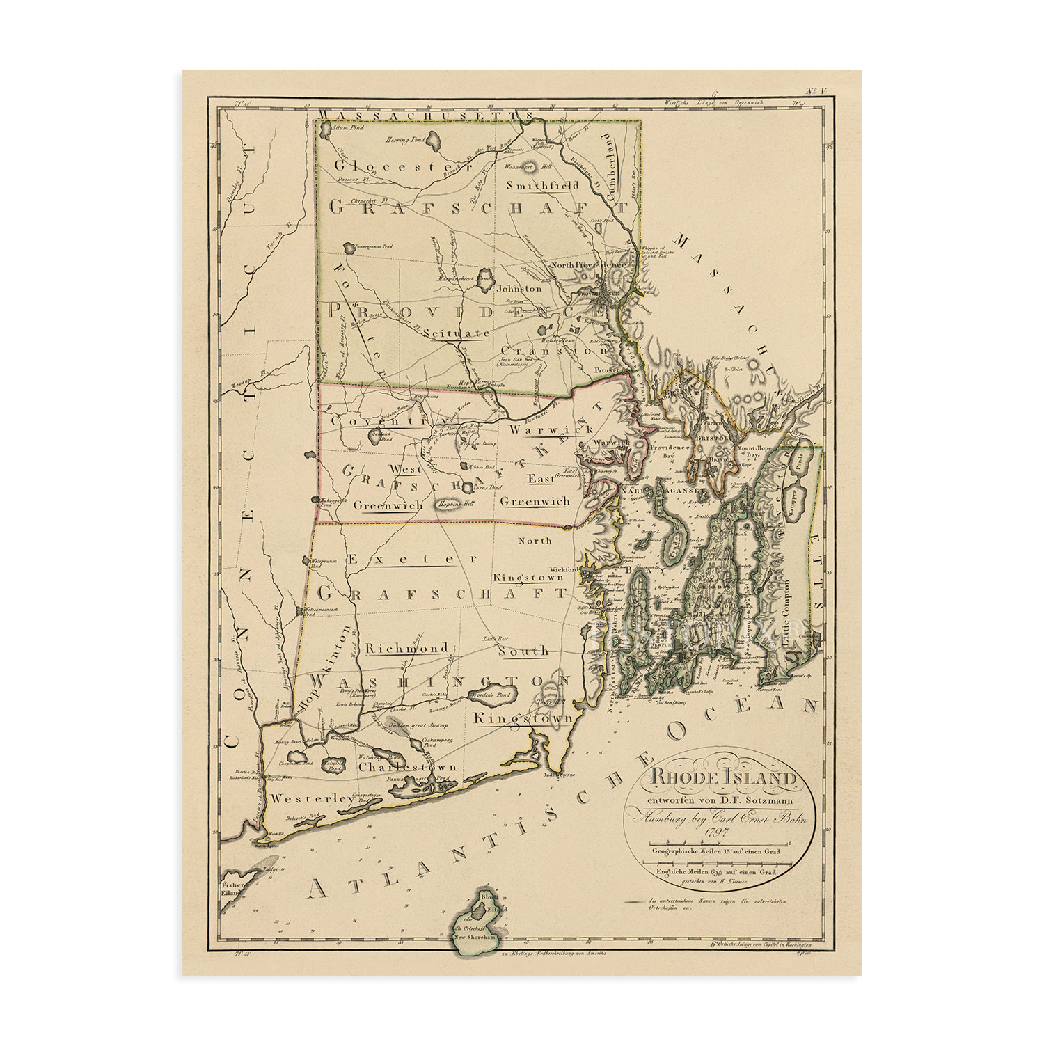HISTORIC PRINTS HISTORIX Vintage 1797 Rhode Island Map - 24X36 Inch ...