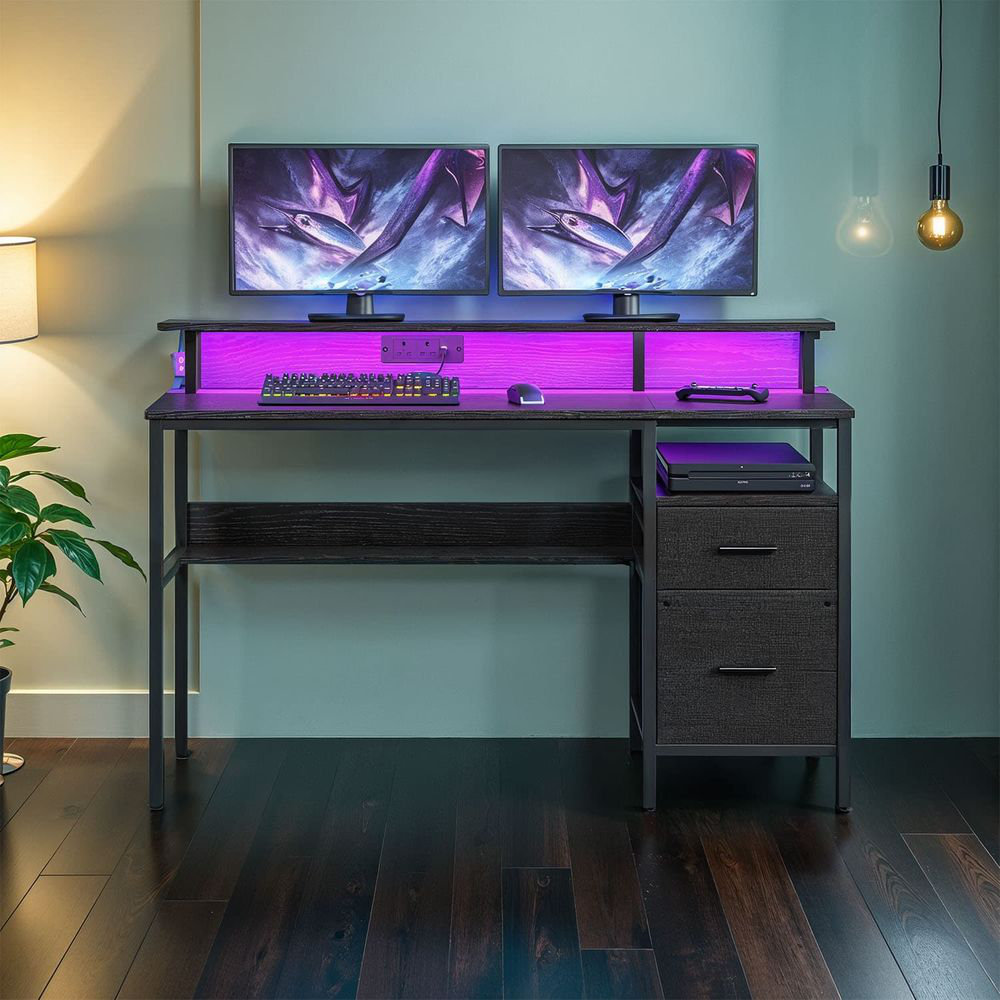 Metro Lane Computer Desk With Built-In Power Outlets, LED Lights ...