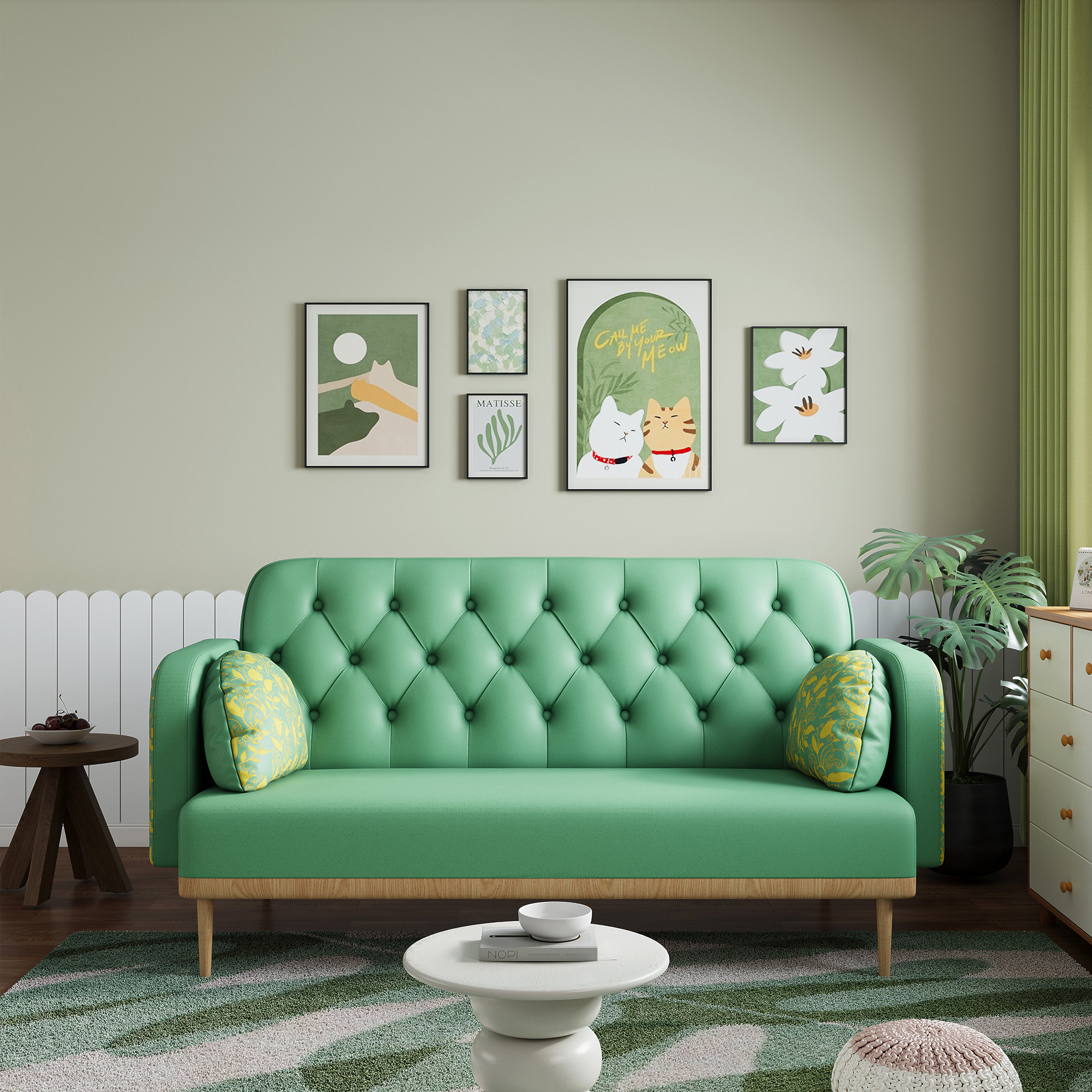 Everly Quinn Green Loveseat Sofa With Tulip Pattern Modern Upholstered ...