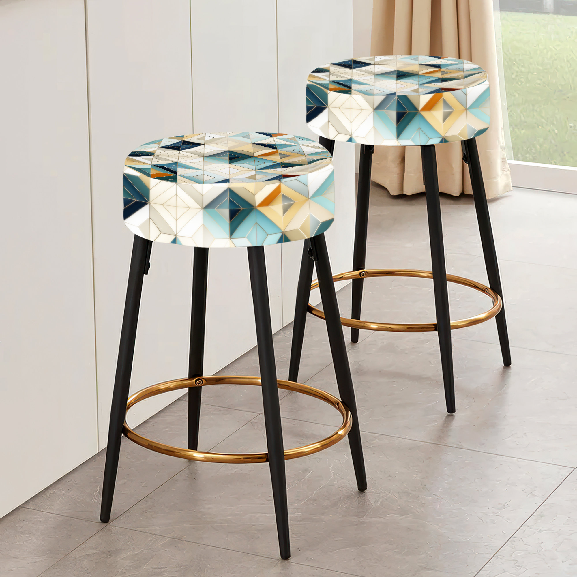 Design Art Antique Beige Vintage Tiles - Geometric Bar Stools Set Of 2 ...