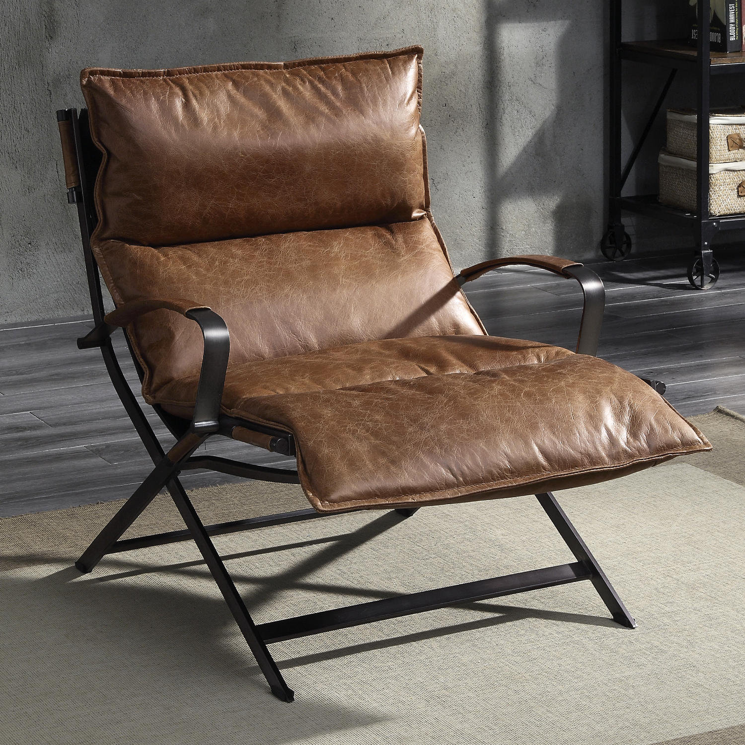 17 Stories Top Grain Leather Accent Chair With Metal Legs In Cocoa And ...