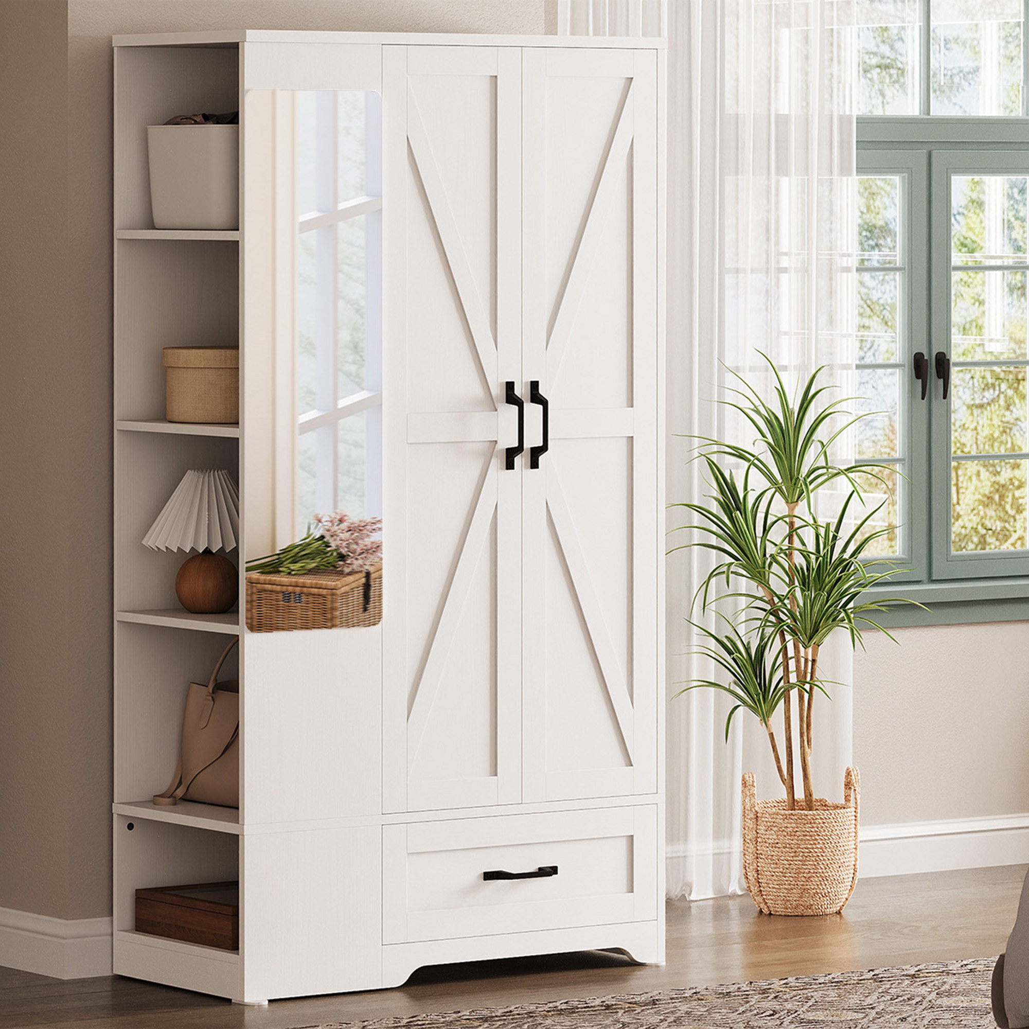 August Grove® 70" Wooden Bedroom Wardrobe With Barn Doors And Drawers ...