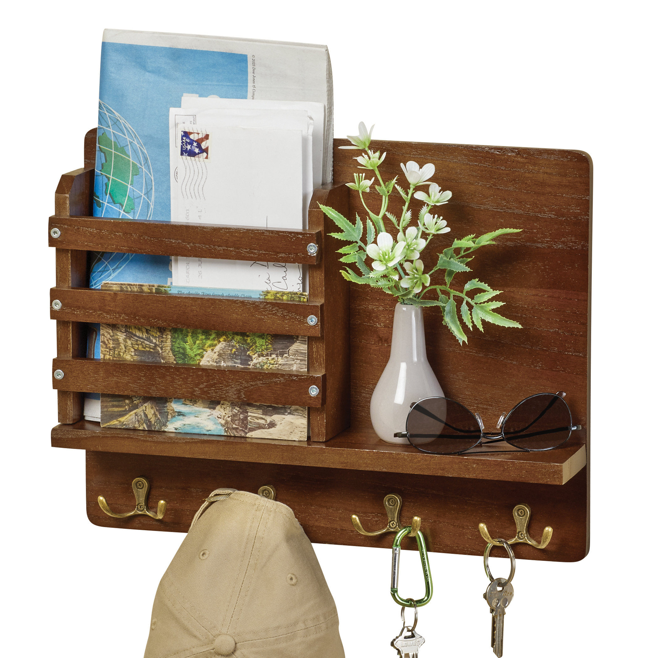Millwood Pines Wooden Mounted Wall Shelf Organizer With Hooks - Wayfair ...