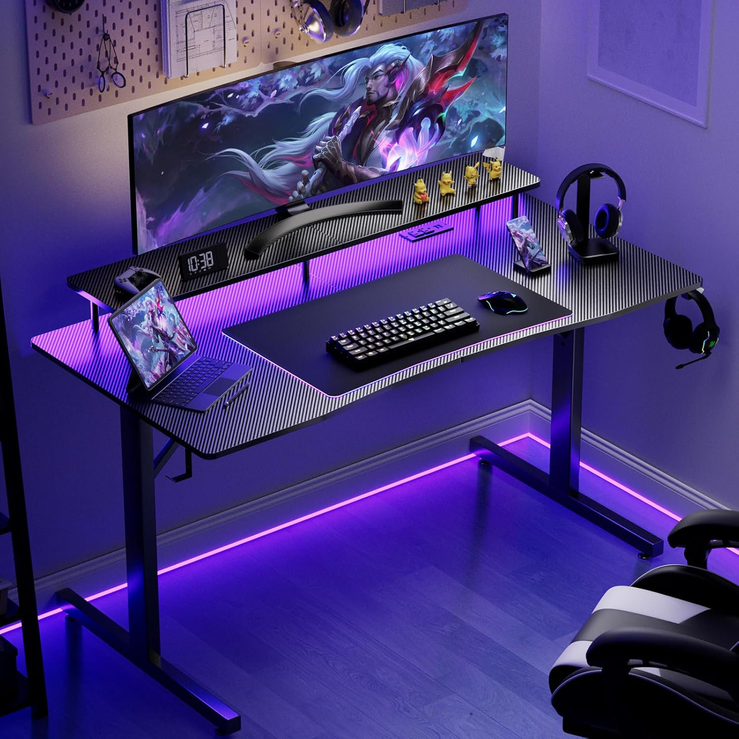 Ivy Bronx 55 Inch Gaming Desk With LED Lights & Power Outlet, Computer ...