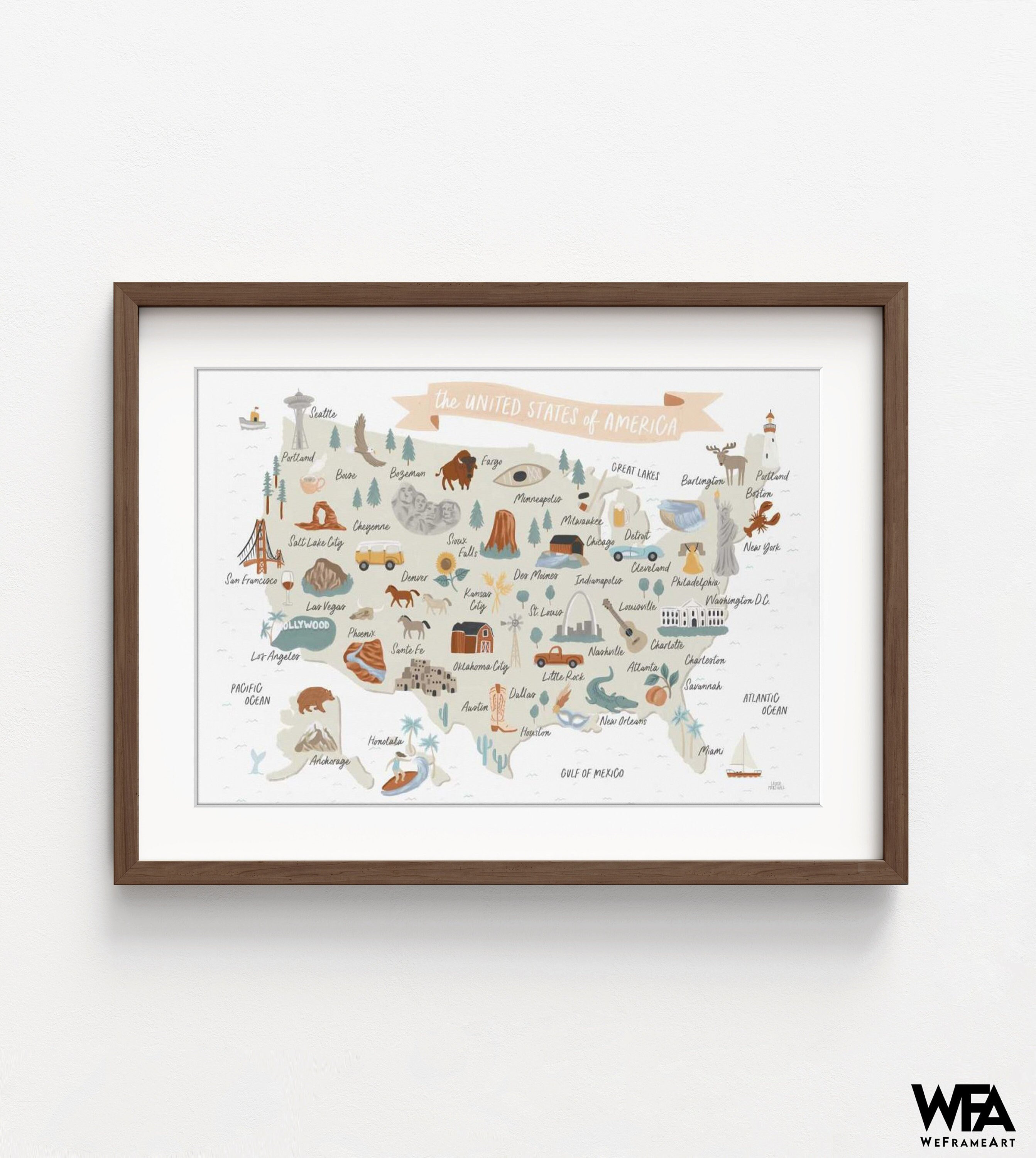 WeFrameArt The United States Of America Map Print, Framed USA Map Wall ...