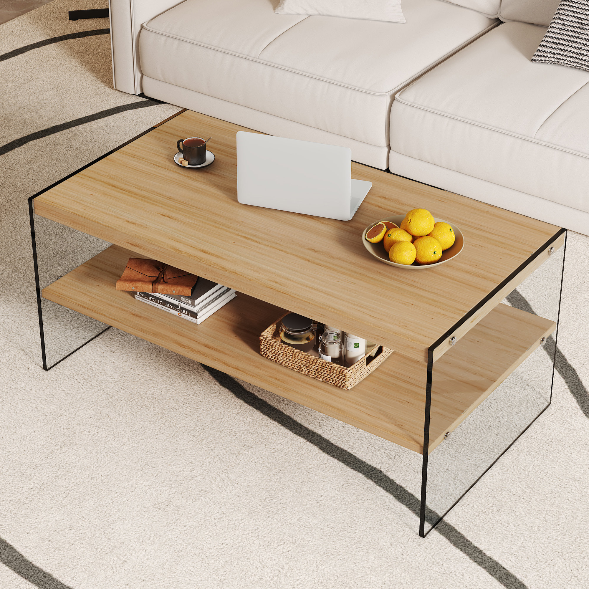 NFusion Cyrus 43.3" Double-Layer MDF Coffee Table with Tempered Glass ...