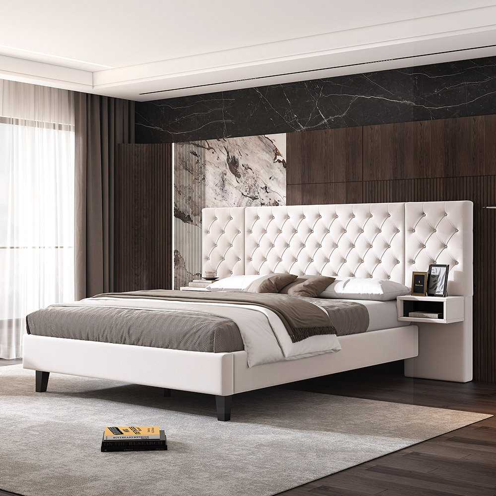 Mercer41 Modern Velvet Upholstered Platform Bed with 2 Nightstands ...