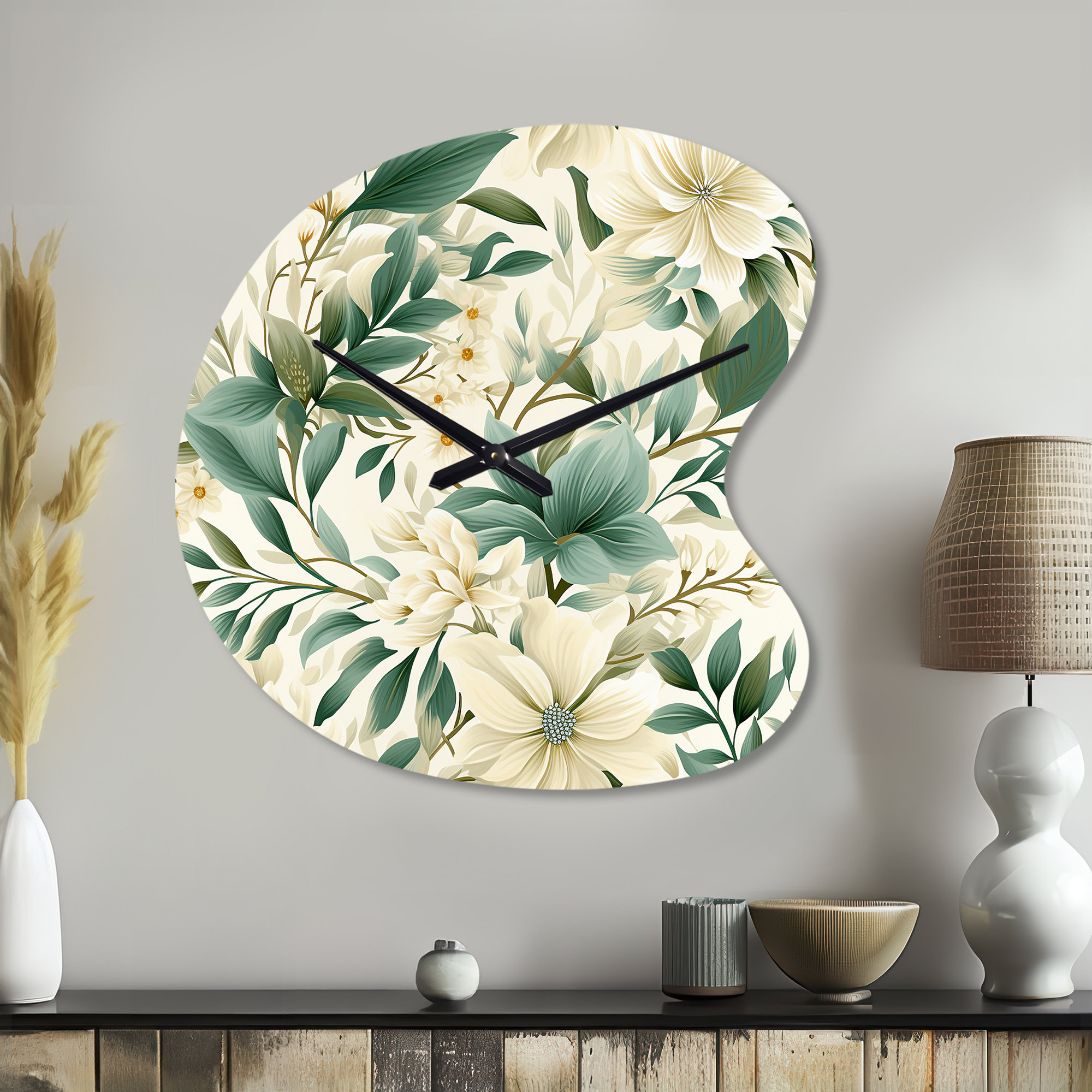 Design Art Subdued Oasis Boho Pattern - Floral Asymmetrical Metal Clock ...