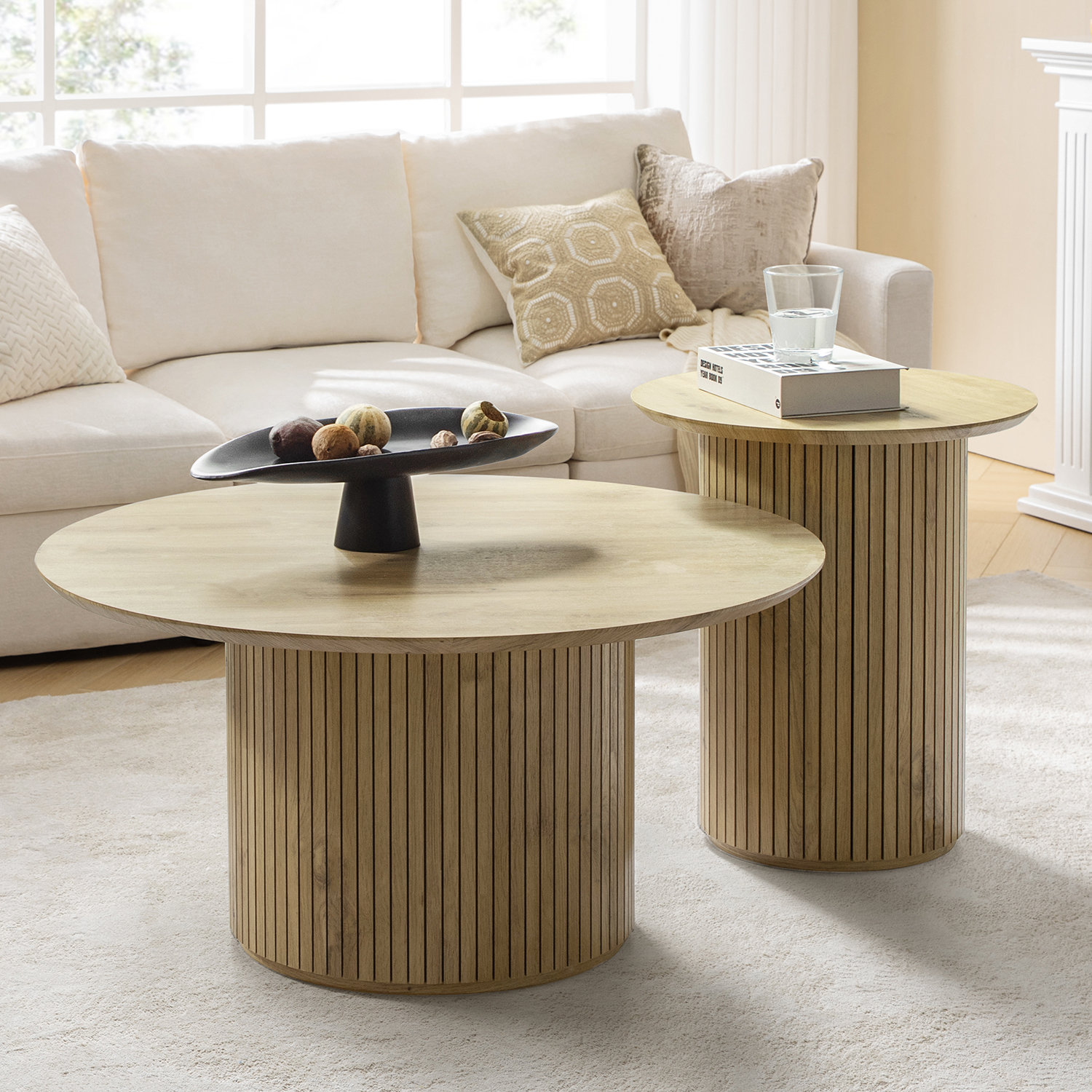 Ivy Bronx Shivai Modern 2 Piece Nesting Coffee Table with Fluted Wooden ...