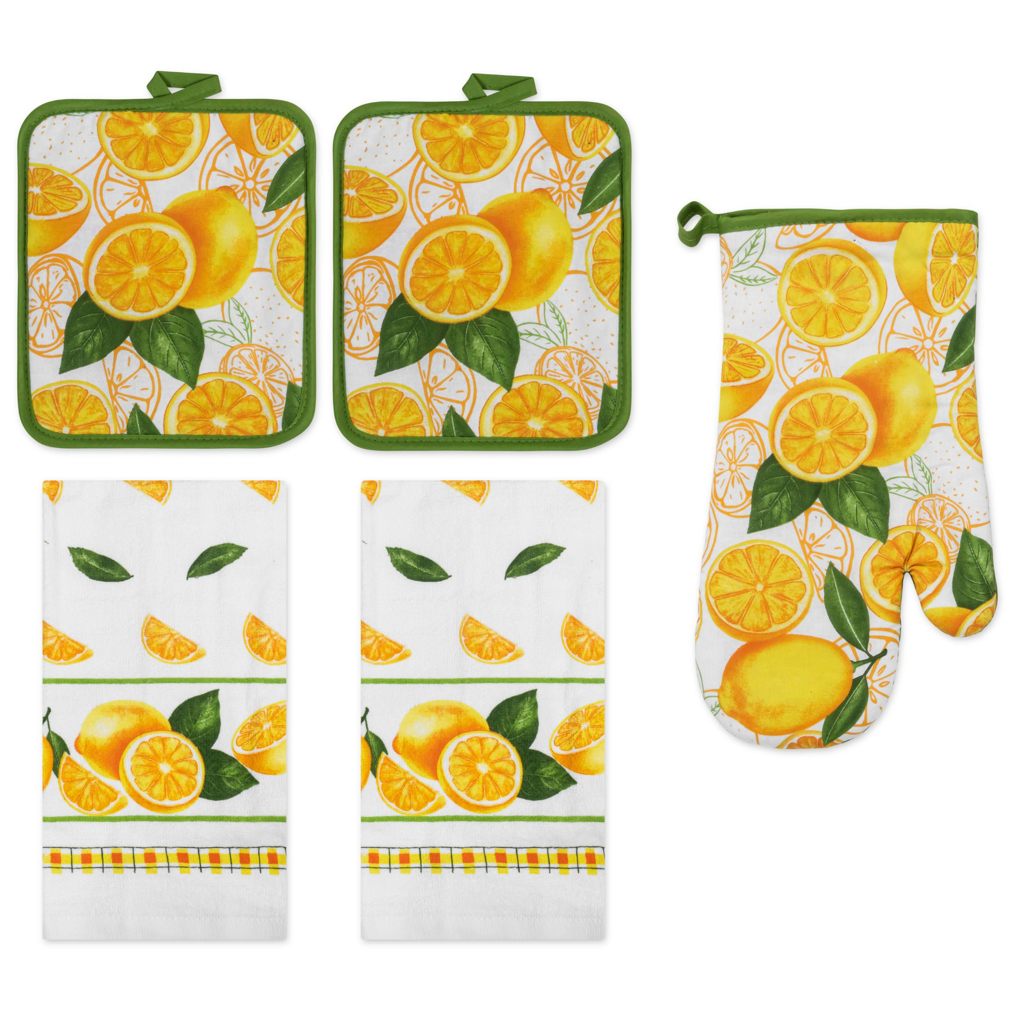 PREMIUS 5 Piece Printed Kitchen Linen Set, Lemon, 2 Cotton Towels, 2 ...
