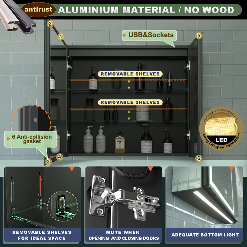 Ebern Designs LED Bathroom Medicine Mirror Cabinet, Defog, Dimmable, 3 ...