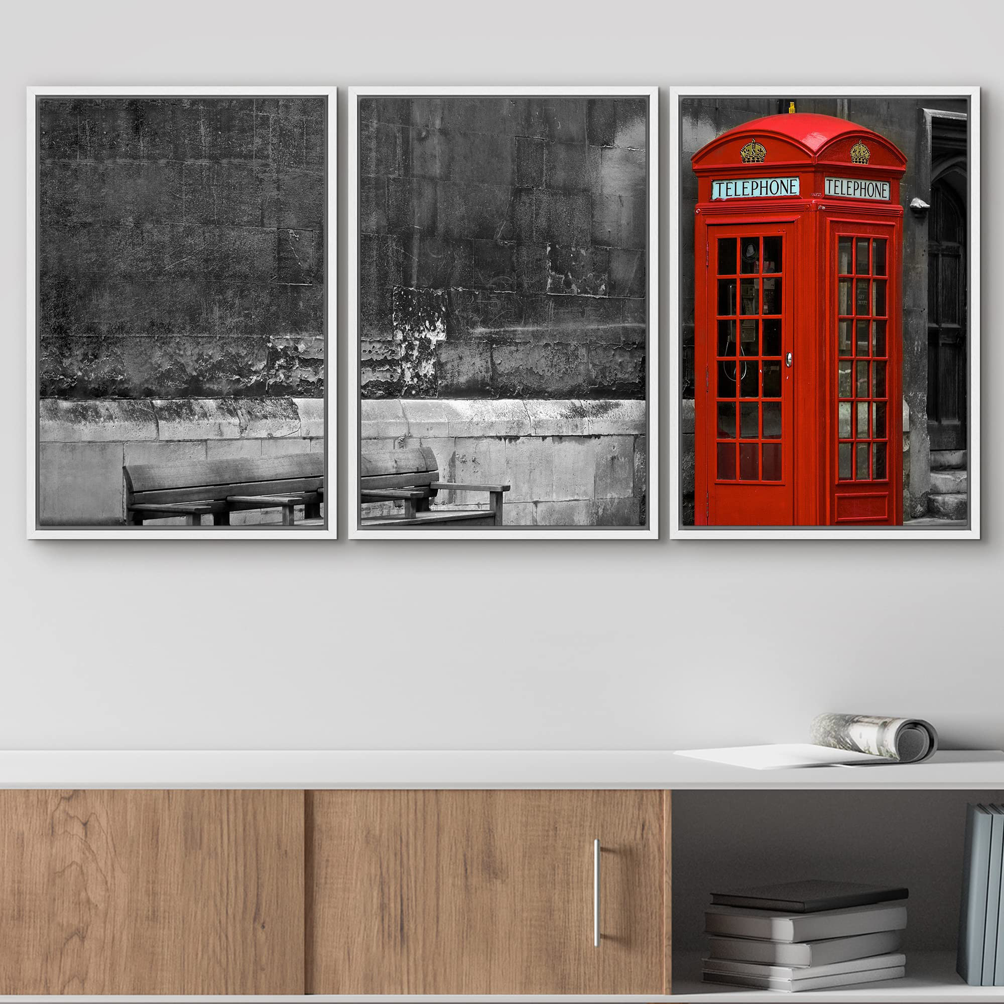 IDEA4WALL British Phone Booth with Weathered Wooden Bench Modern Wall ...