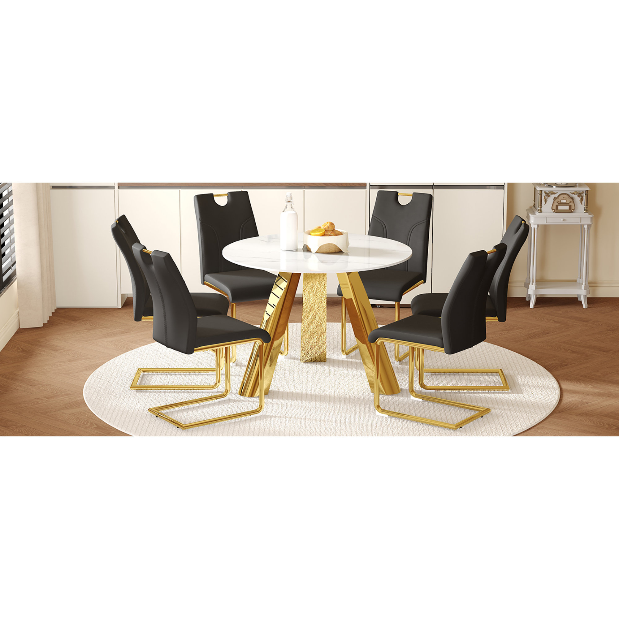 Mercer41 -inch Stainless Steel Round Dining Table With 6 Modern Black ...