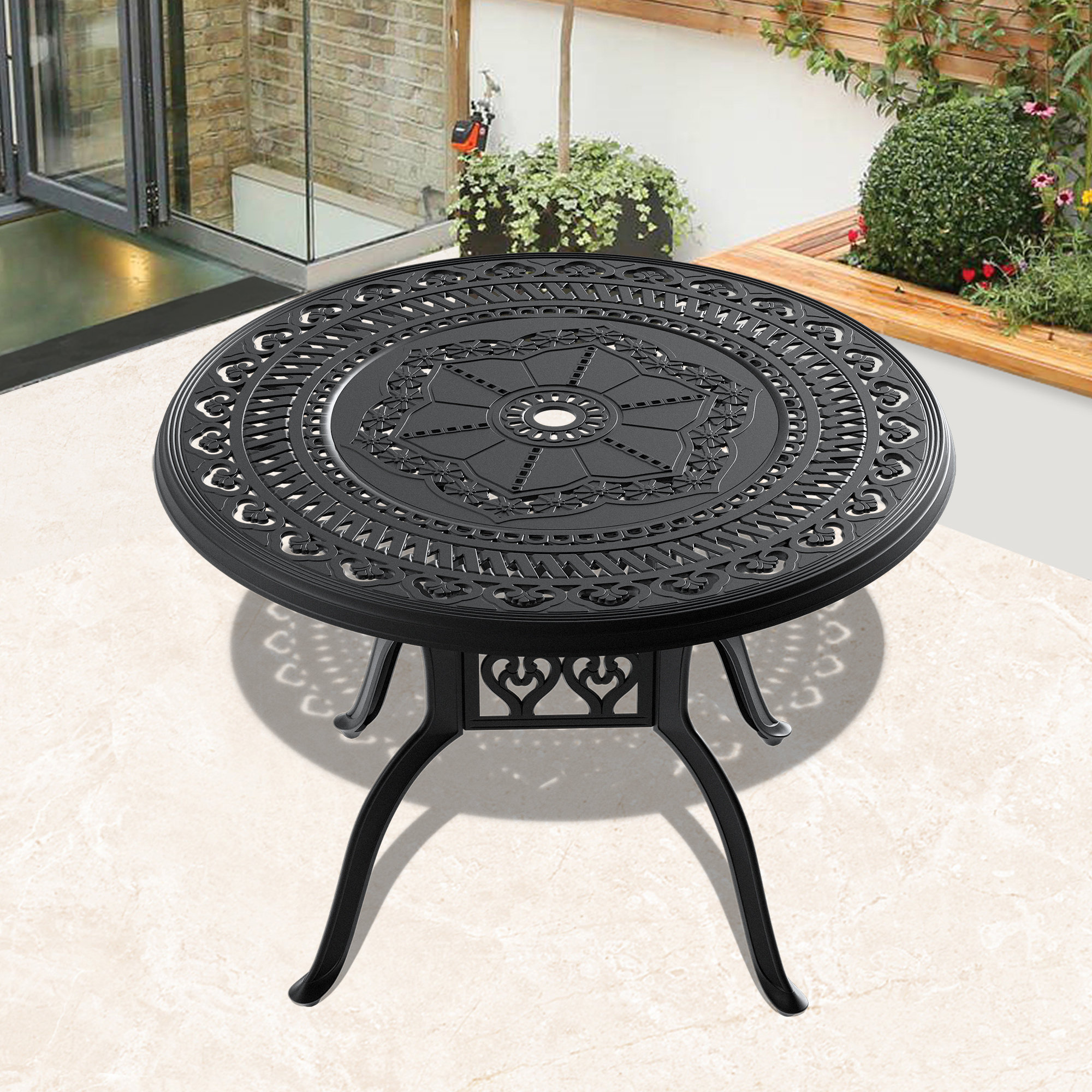 Astoria Grand Round Cast Aluminum Patio Dining Table with Umbrella Hole ...