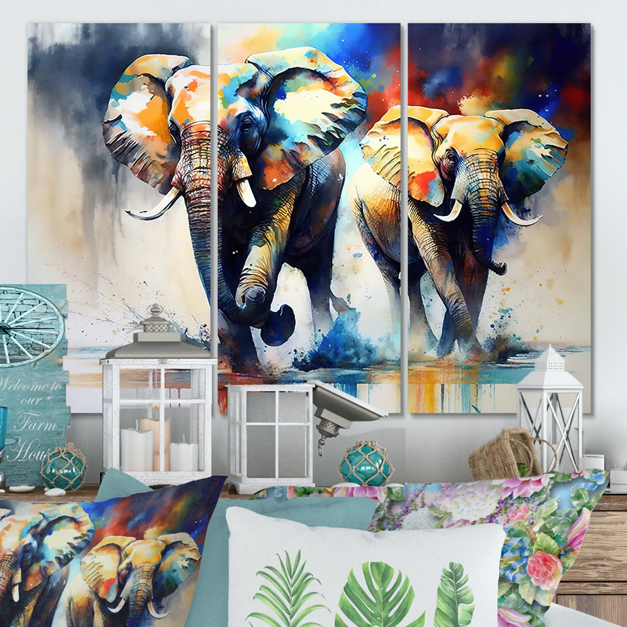 Bungalow Rose Elephants Running I - 3 Piece Print on Canvas | Wayfair
