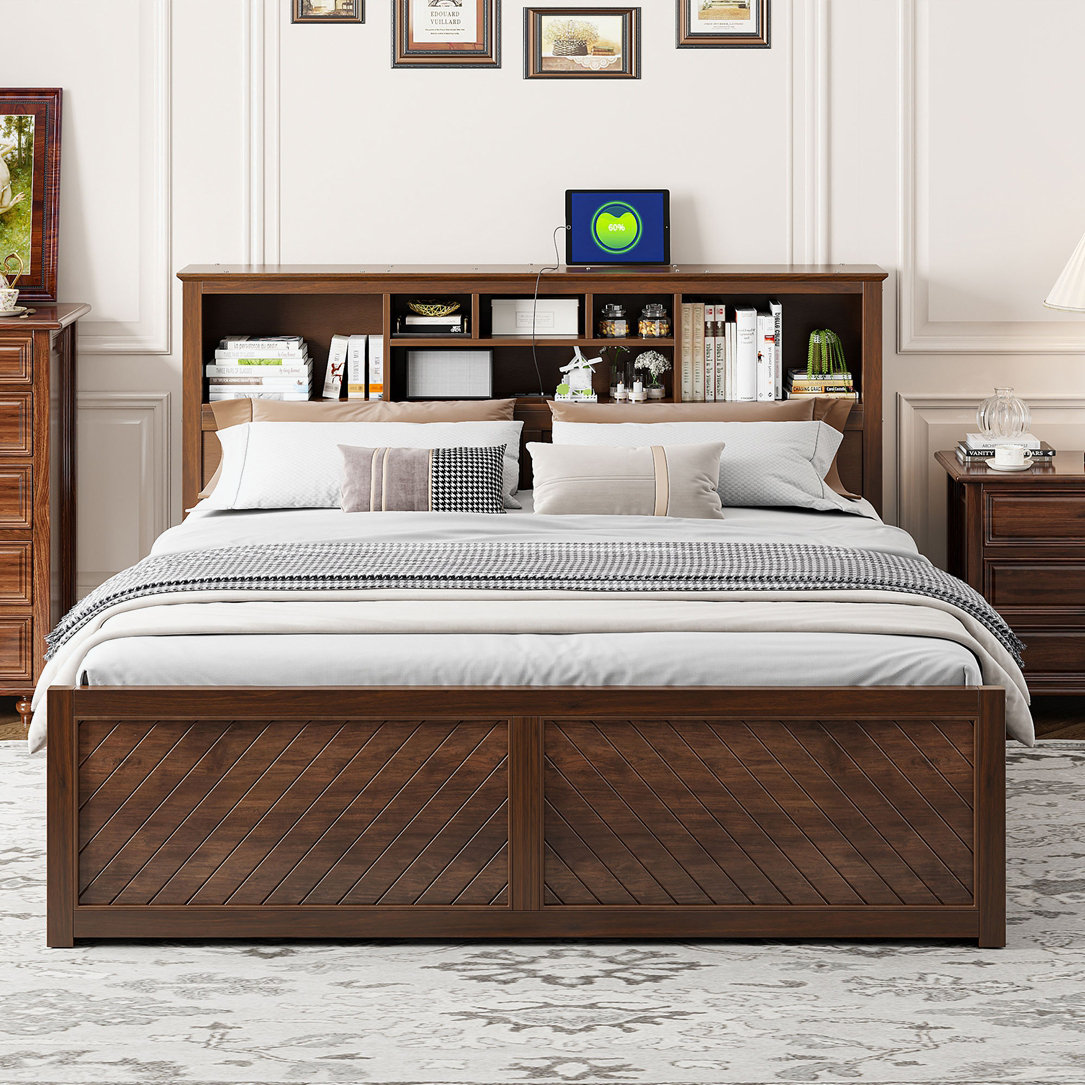Latitude Run® King Size Wooden Platform Bed with Integrated Charging ...
