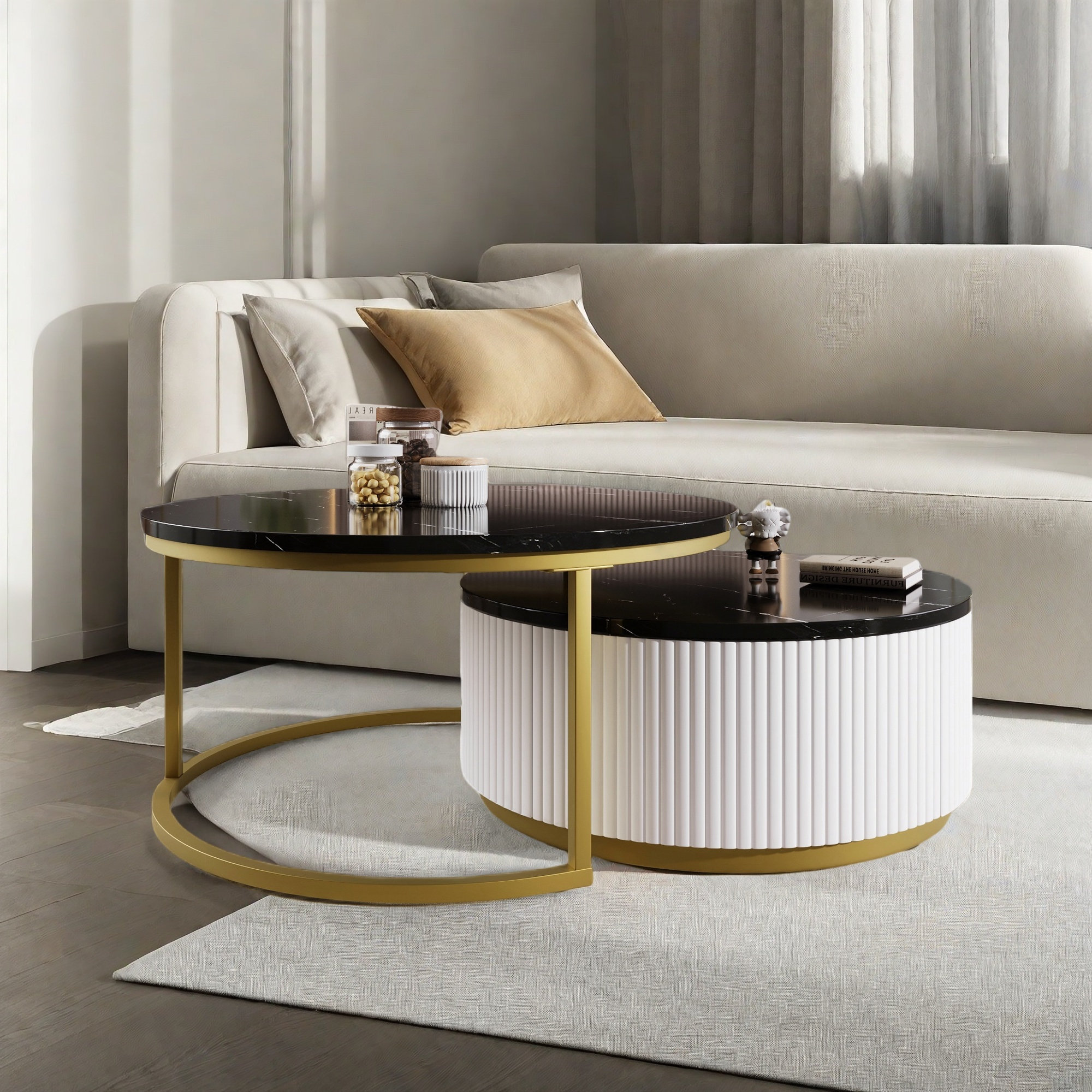 Mercer41 Modern Round Nesting Coffee Table With Fluted Design, 1 Drawer ...