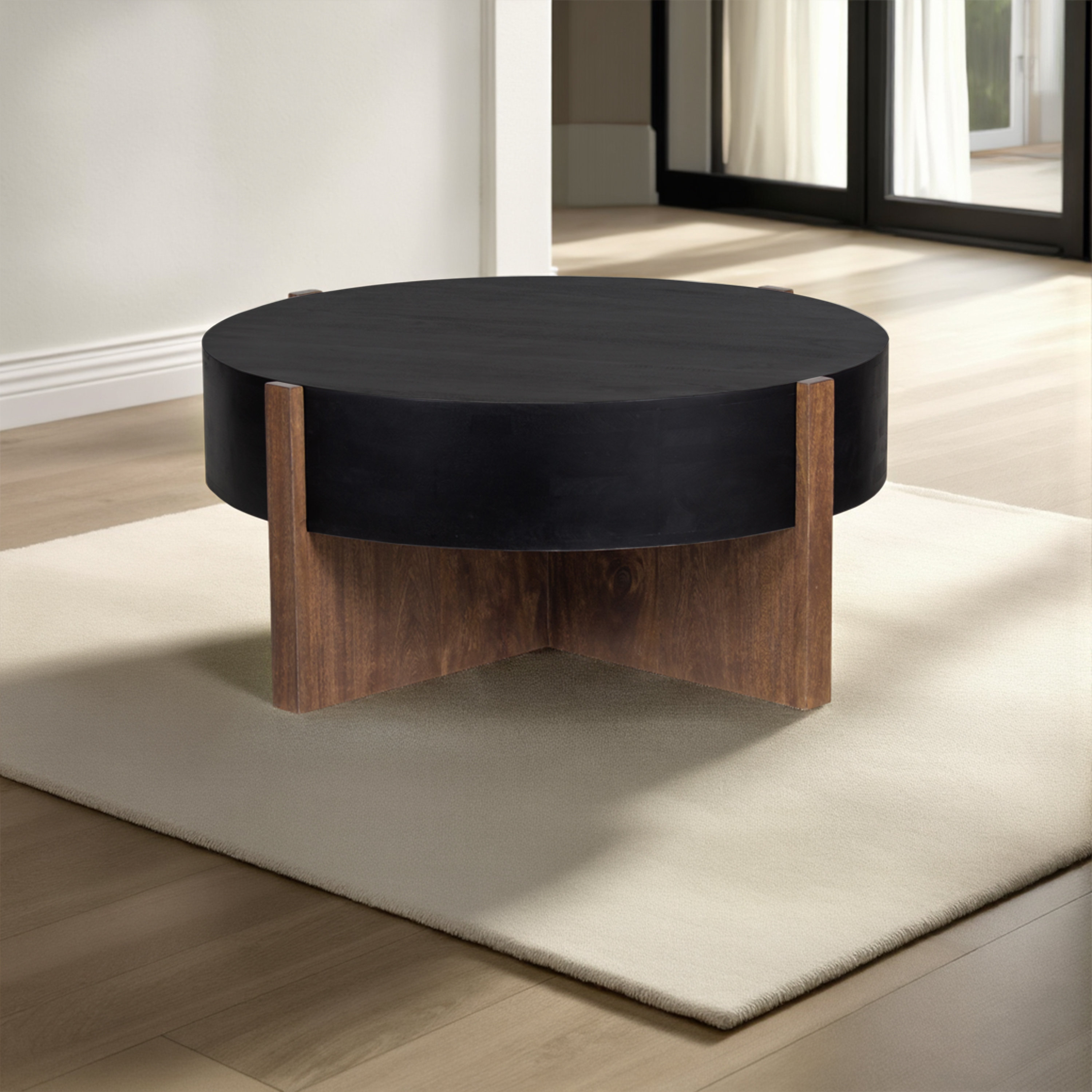 Latitude Run® Naufe Coffee Table, 41 Inch Round Matte Black Top, Brown ...