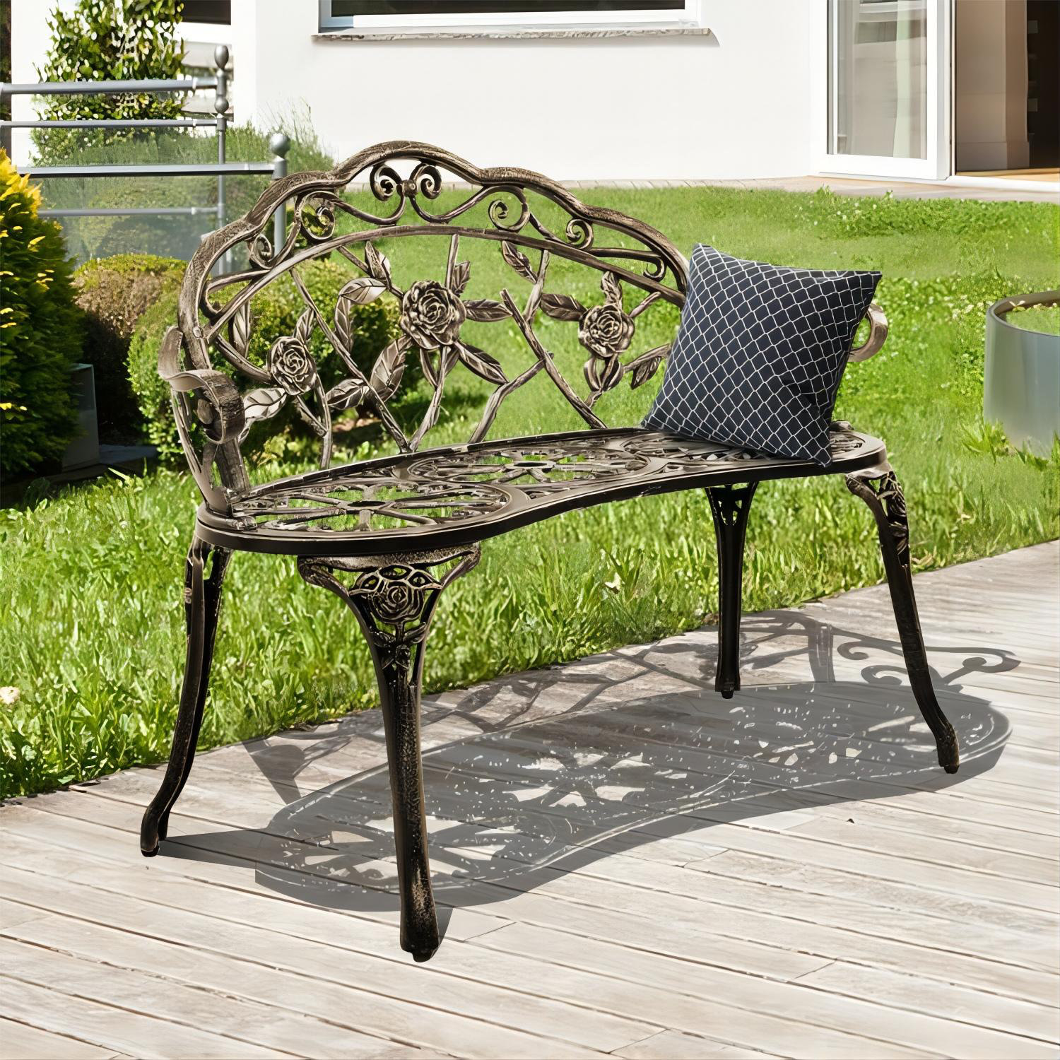 Fleur De Lis Living Hartz Patio Rose Cast Aluminum Garden Bench ...