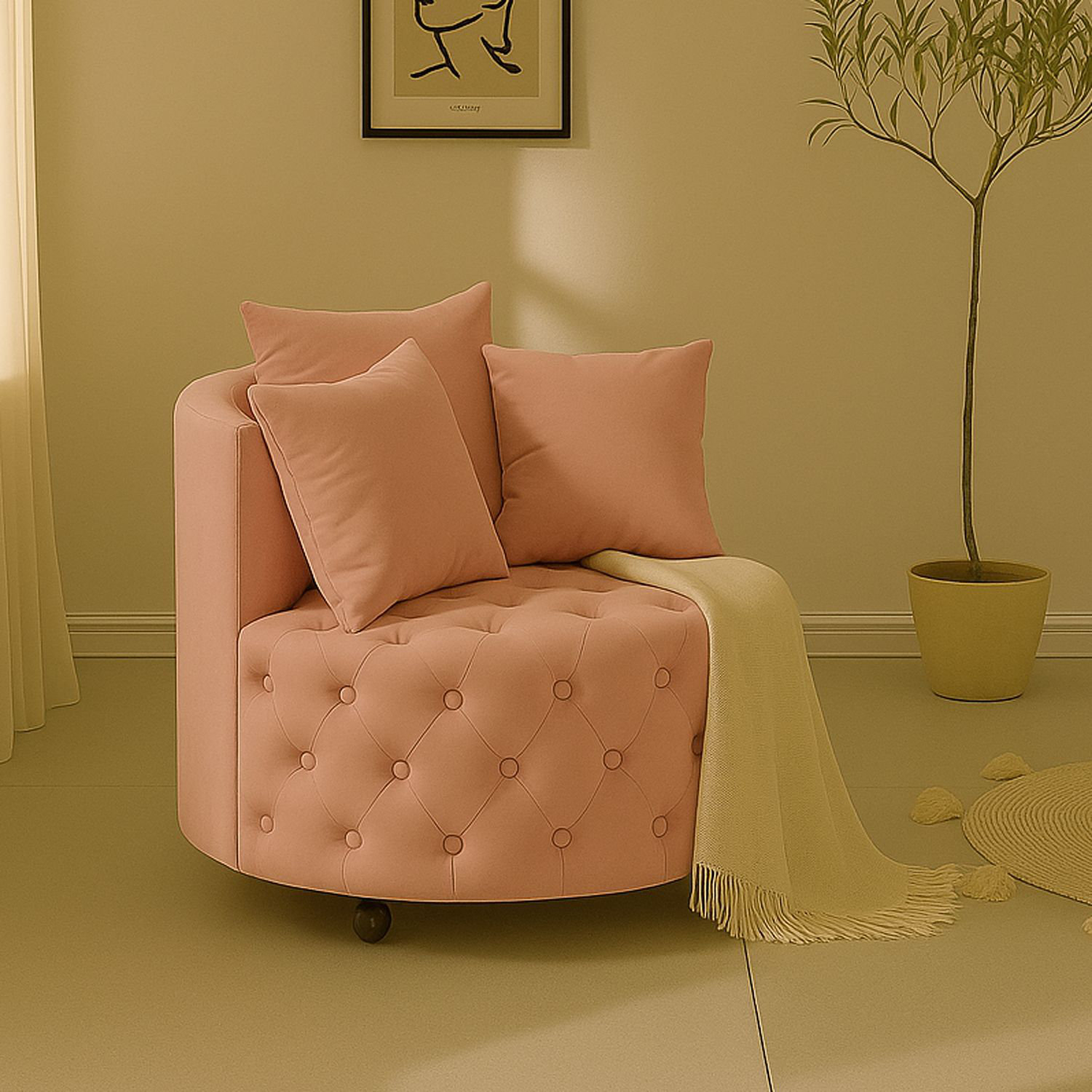 Mercer41 Tufted Round Armless Accent Chair with Rolling Casters and ...