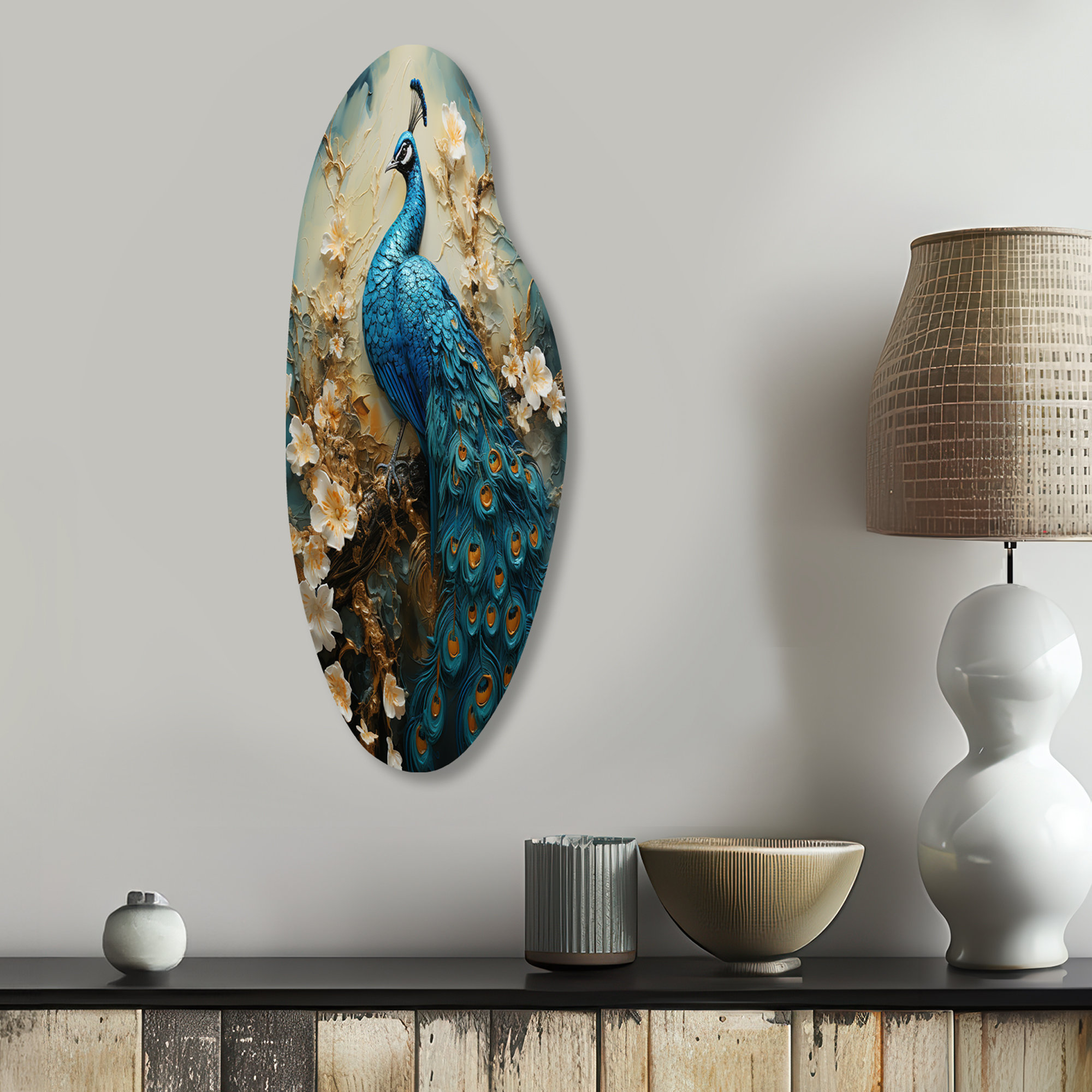 Design Art Peacock Encaustic Portrait II - Peacock Curved Shape ...
