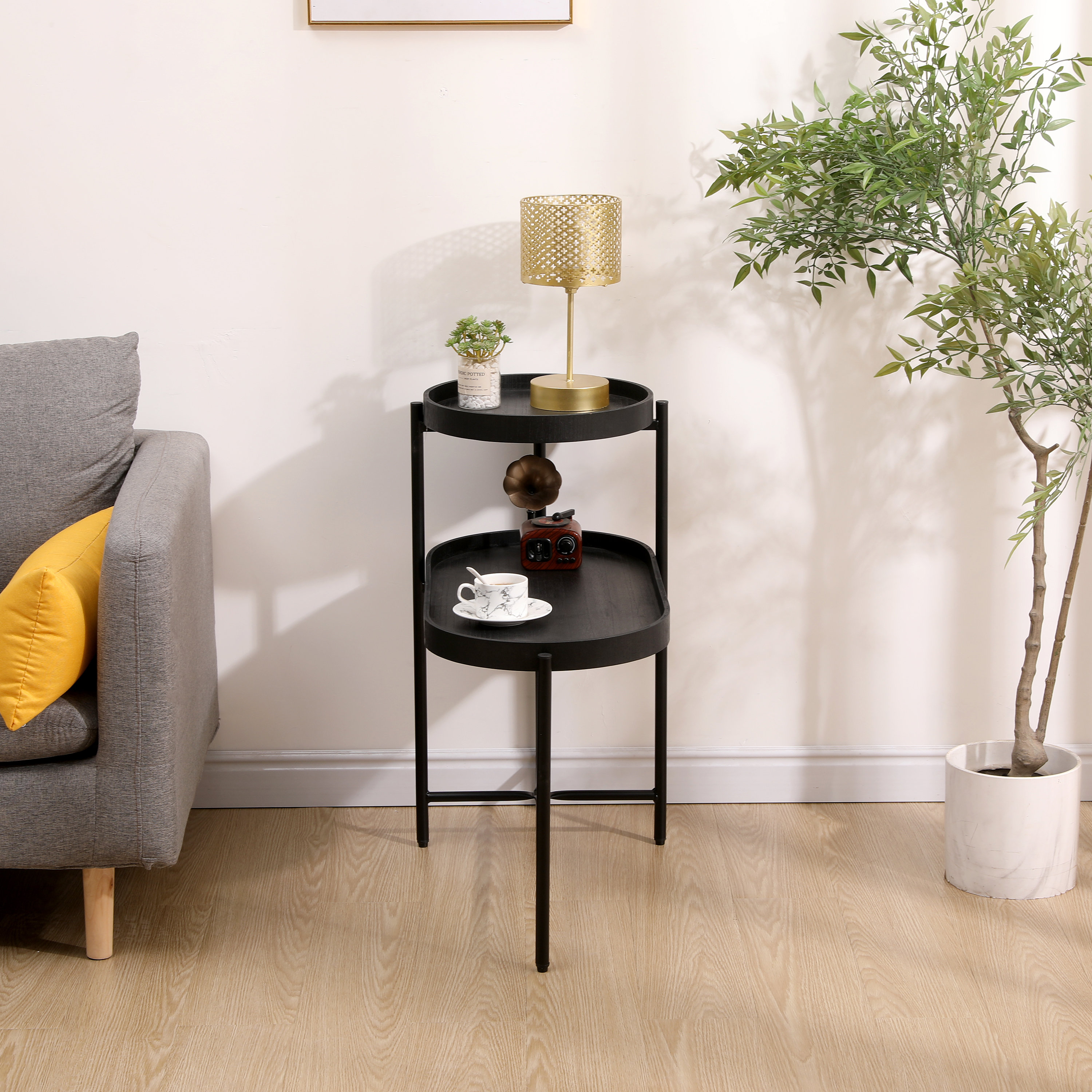 Ebern Designs 2-Tier Black Side Table With Storage Sofa Table For ...