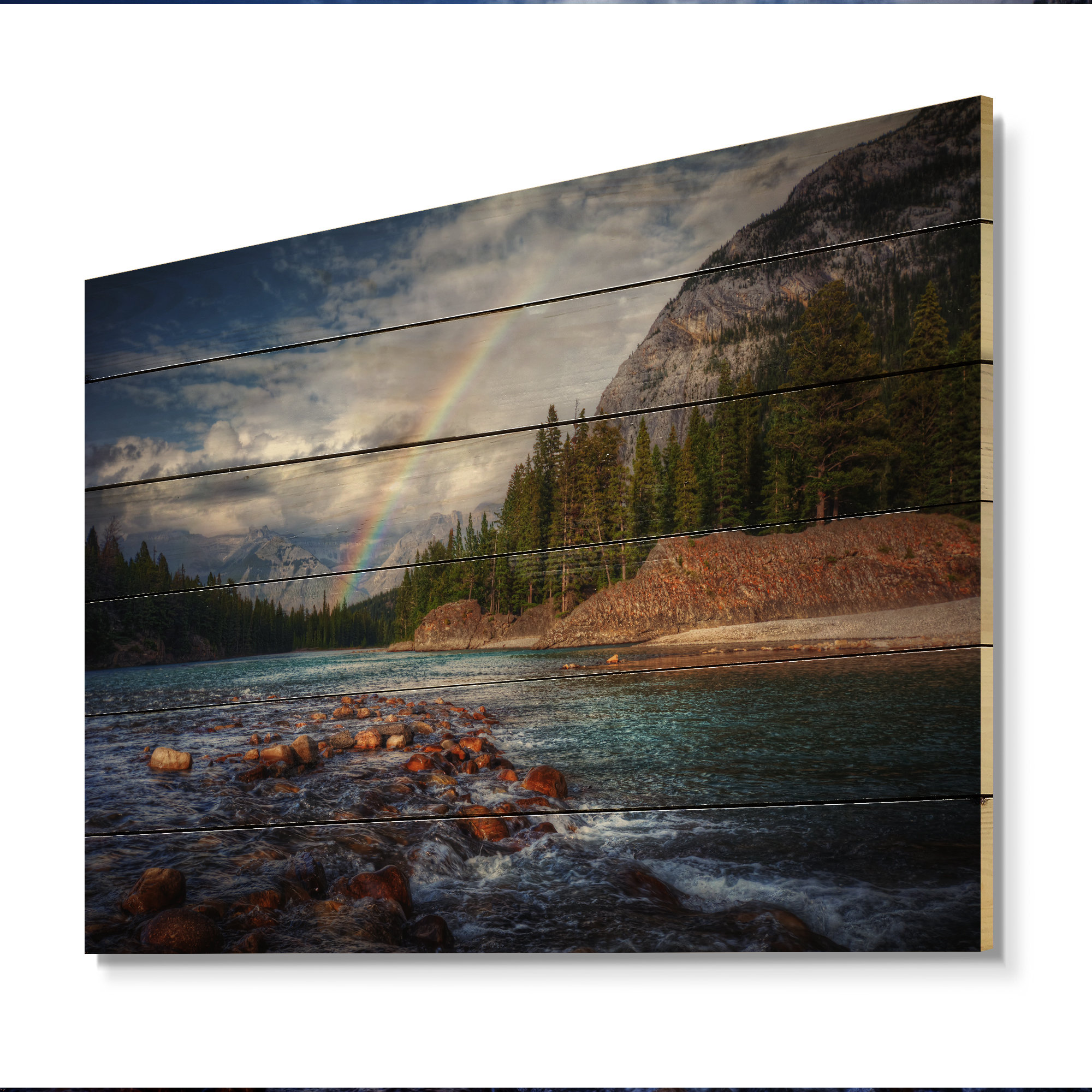 Millwood Pines Mountain Lake With Rainboo - Lake House Wood Wall Decor ...