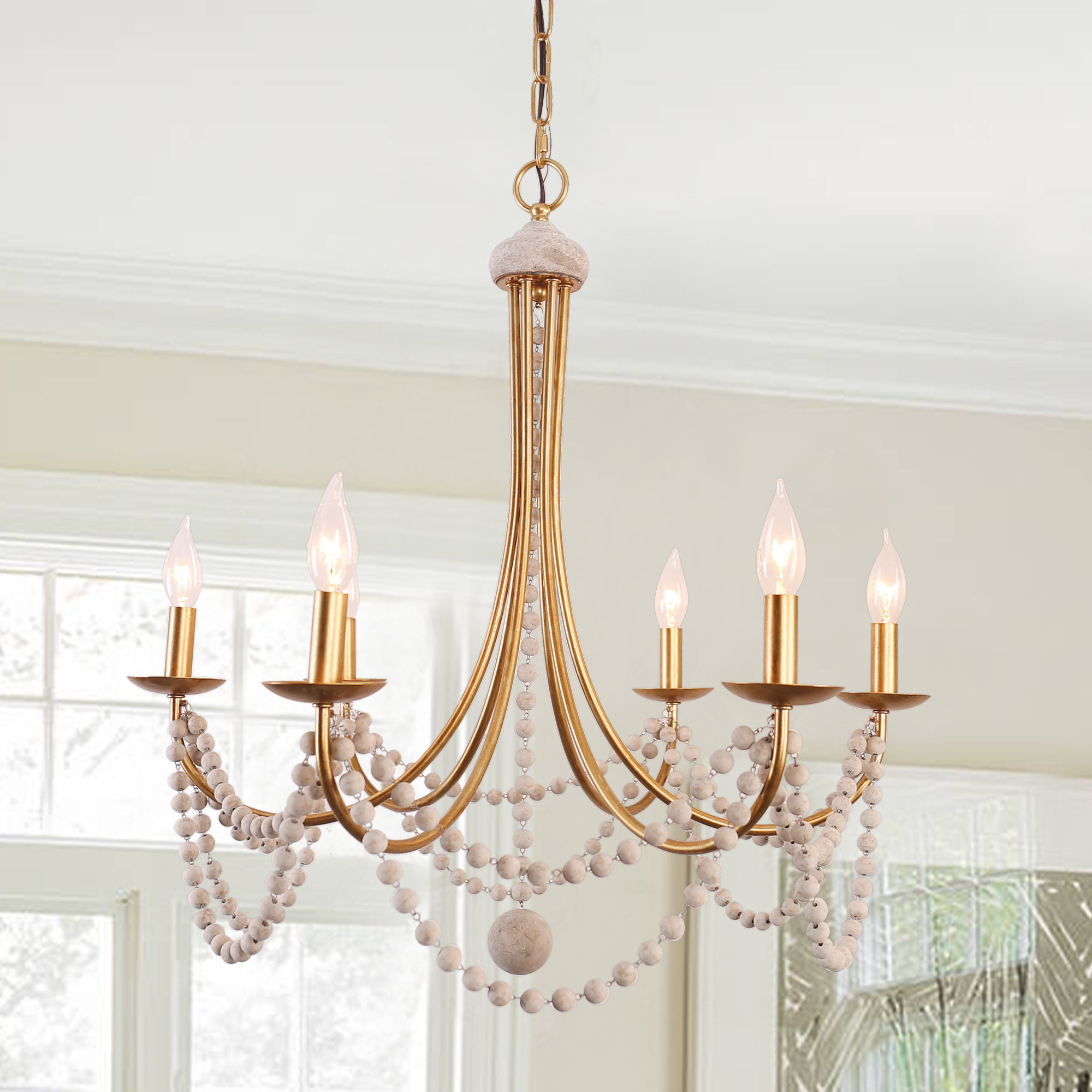 Bungalow Rose 6-Light Boho Farmhouse Wood Bead Chandelier, Antique ...