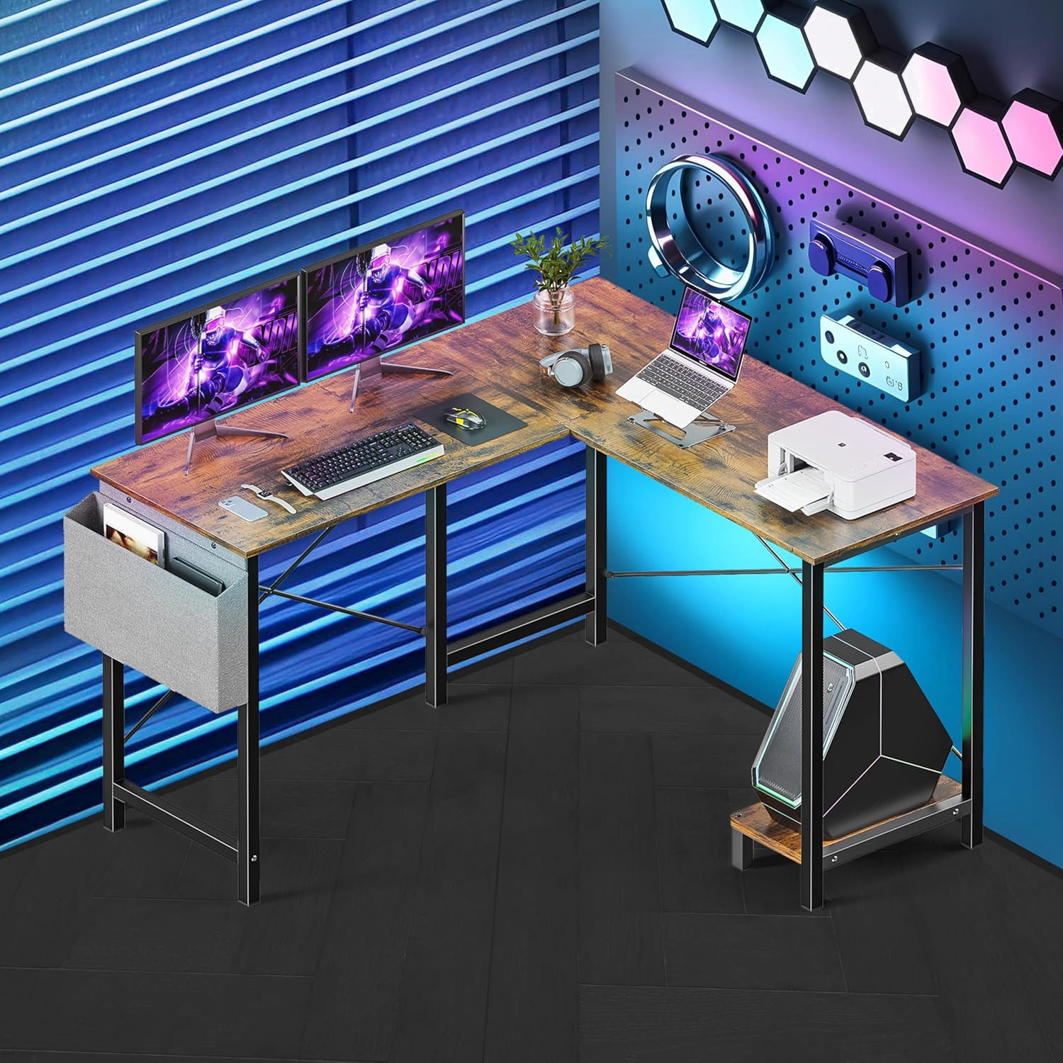 Inbox Zero L Shaped Metal Frame Desk with Wood Tabletop, CPU Stand and ...