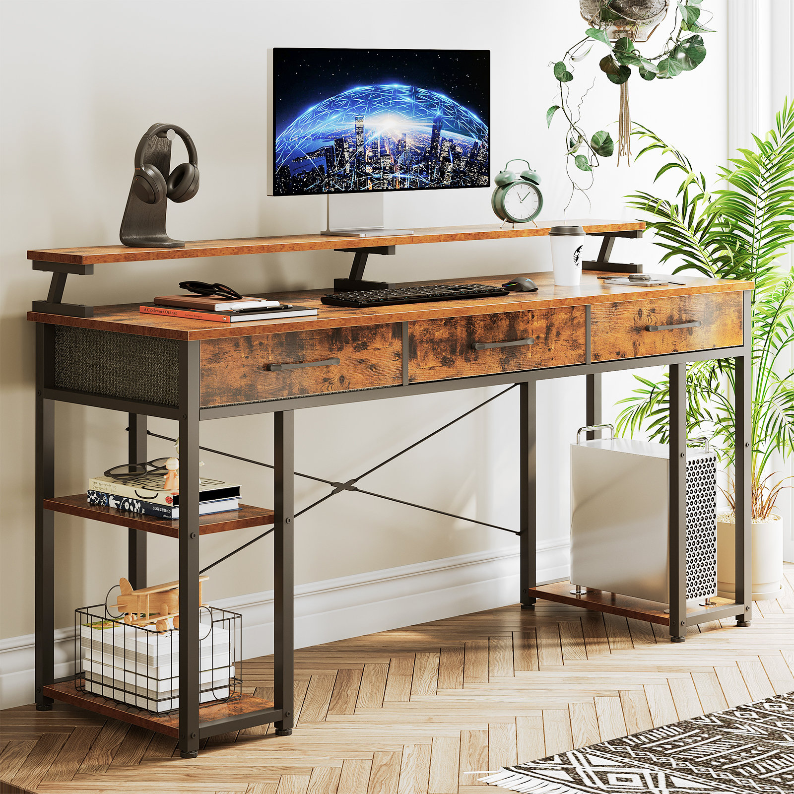 17 Stories Copano Computer Desk with 3 Drawers, Writing Desk whit ...