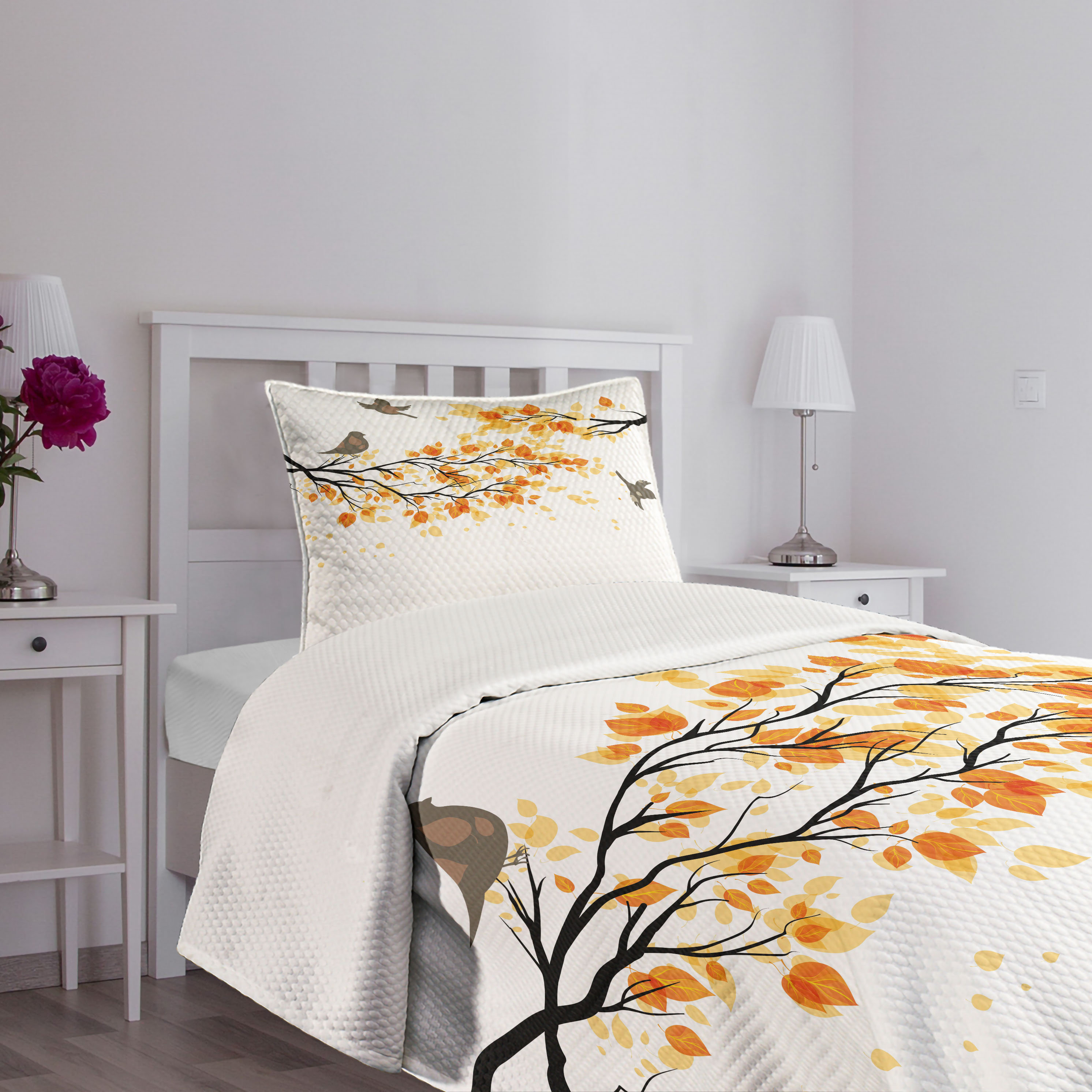 Ambesonne Forest Bedspread Flying Birds and Leaves | Wayfair