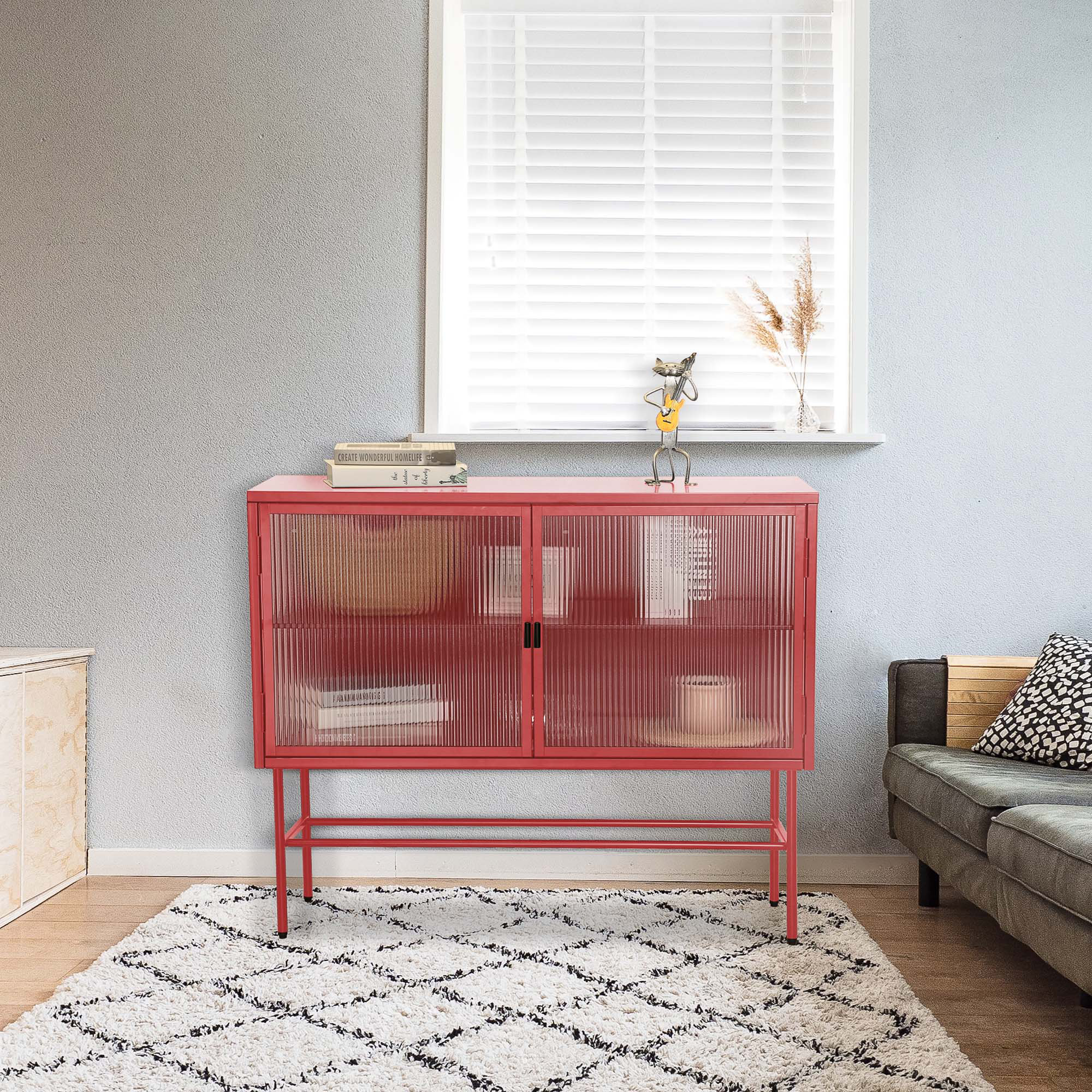 Ebern Designs Red Fluted Glass Door Sideboard Storage Cabinet | Wayfair