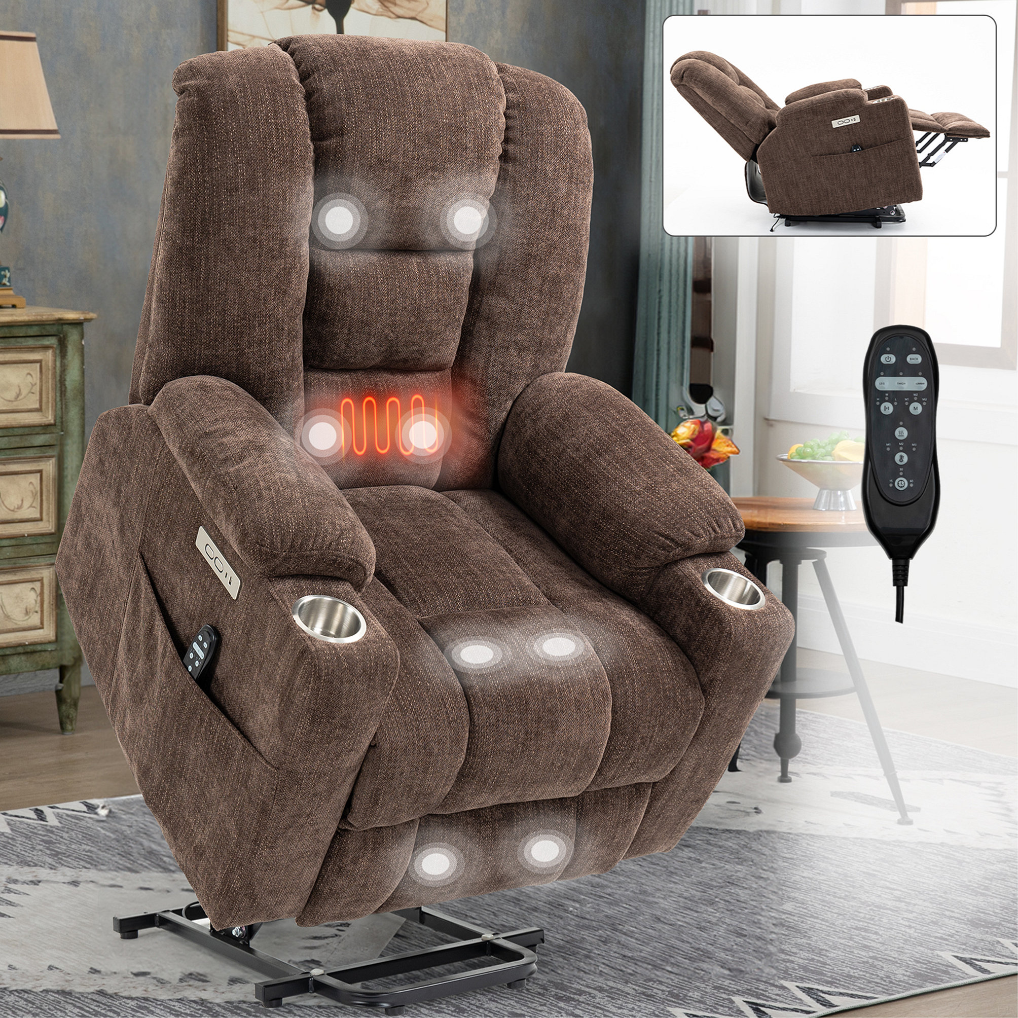 Ivy Bronx Power Lift Recliner Chair With Massage And Heat, Overstuffed ...