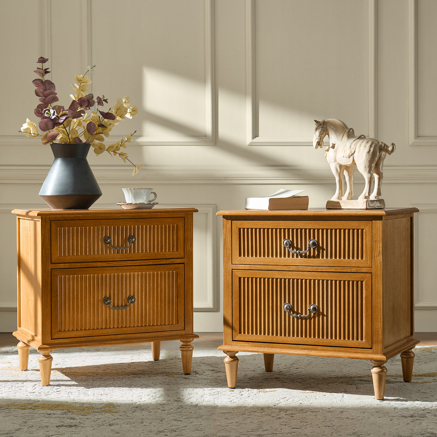 Canora Grey Kaybri Farmhouse Solid Wood Flute Nightstand with Built-In ...