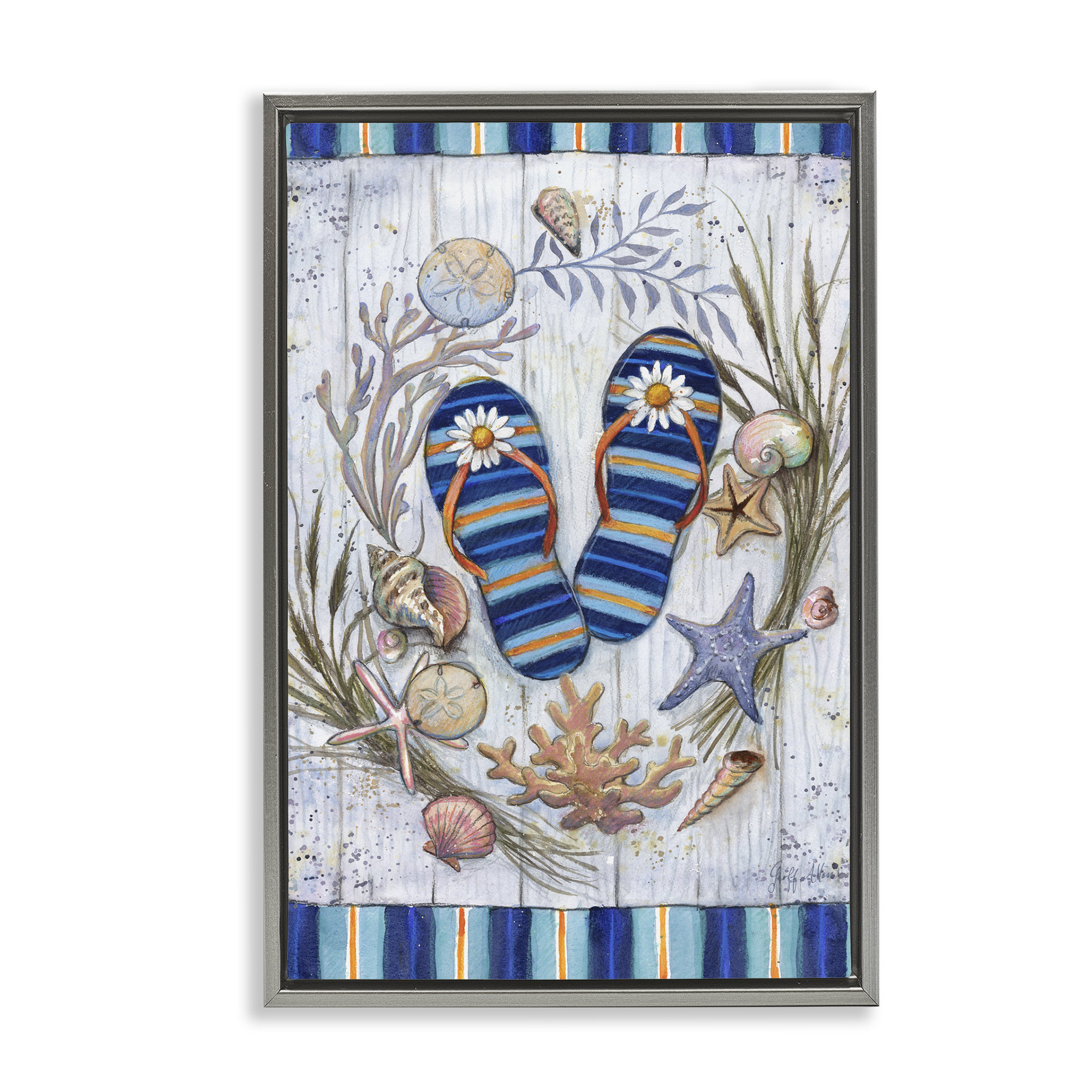 Highland Dunes Coastal Wreath & Flip Flops Framed Floater Canvas by ...