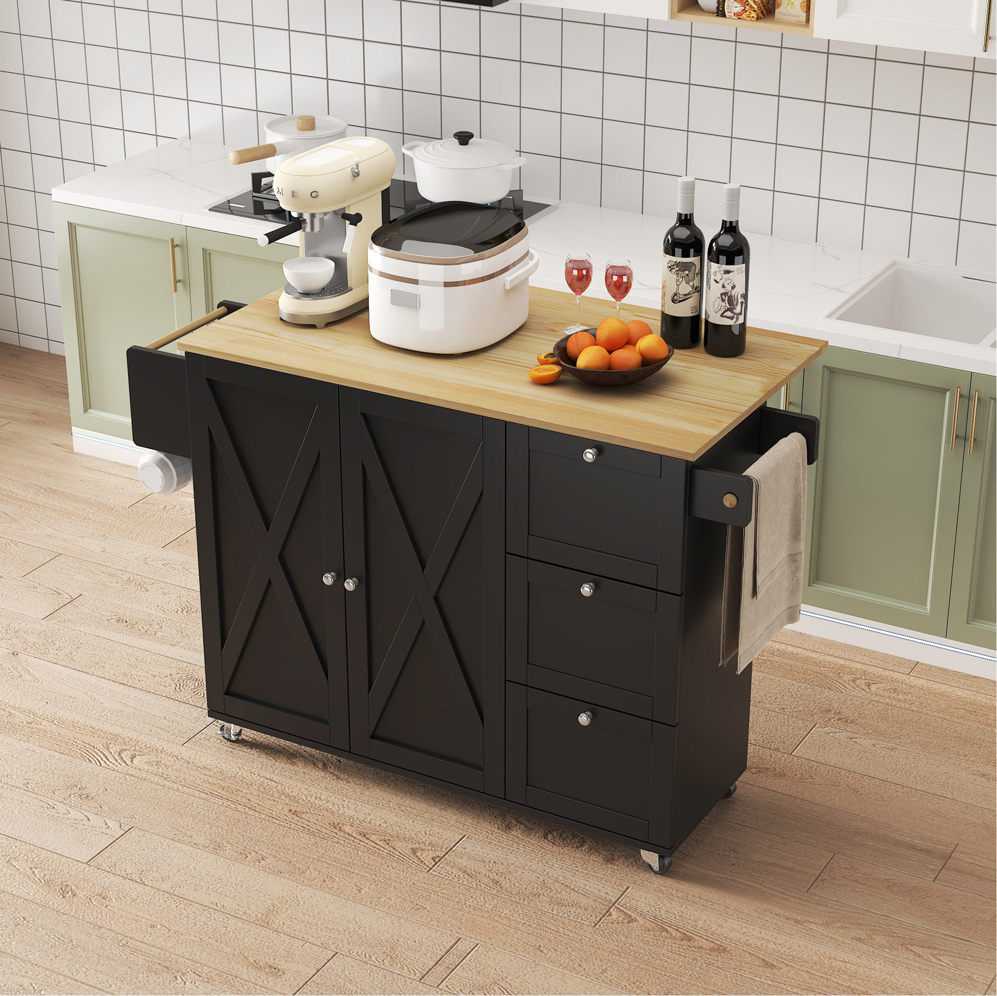 Lark Manor™ 45.4" Farmhouse Black Rolling Kitchen Cart On Wheels With ...