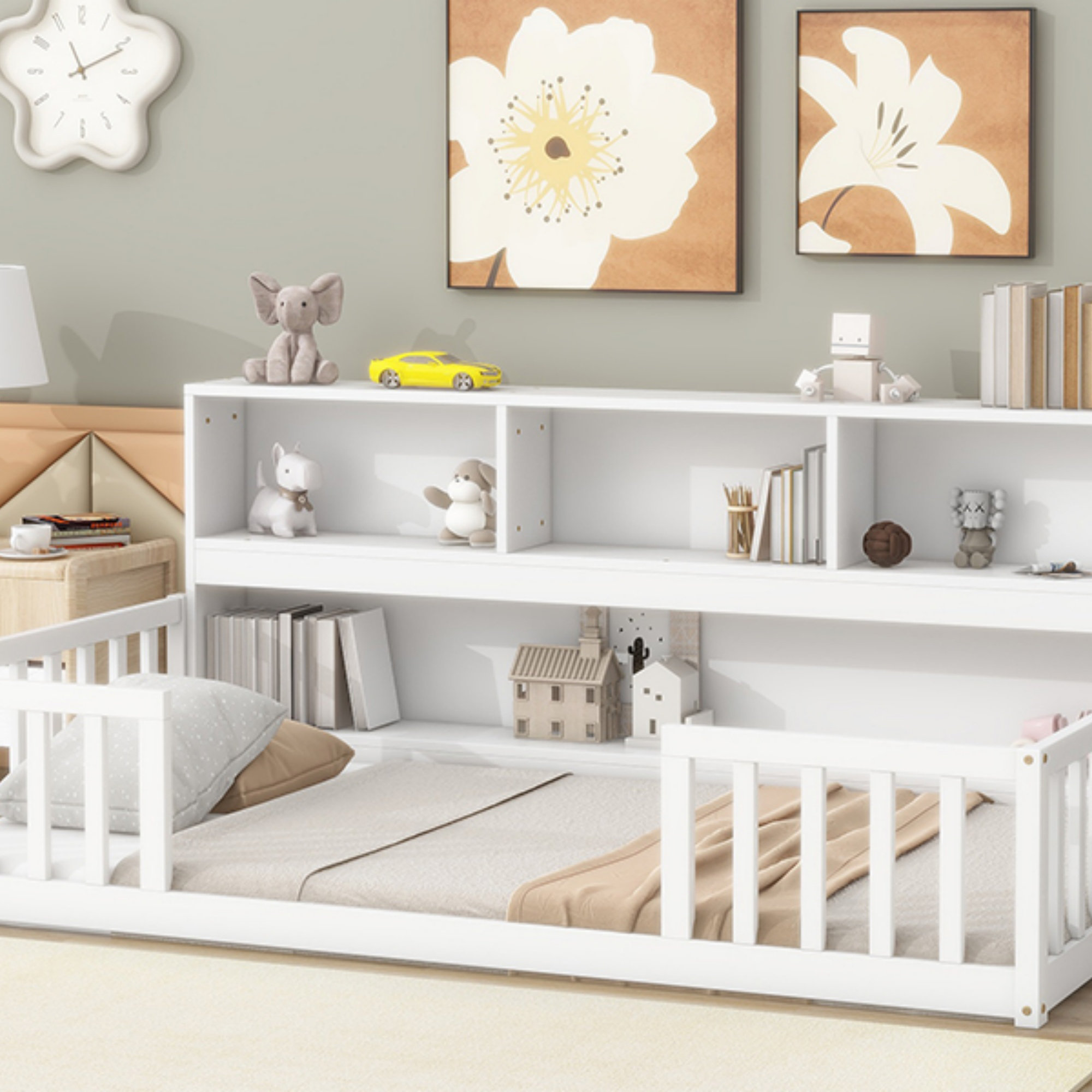 Latitude Run® Twin Floor Bed With Bedside Bookcase,Shelves,Guardrails ...