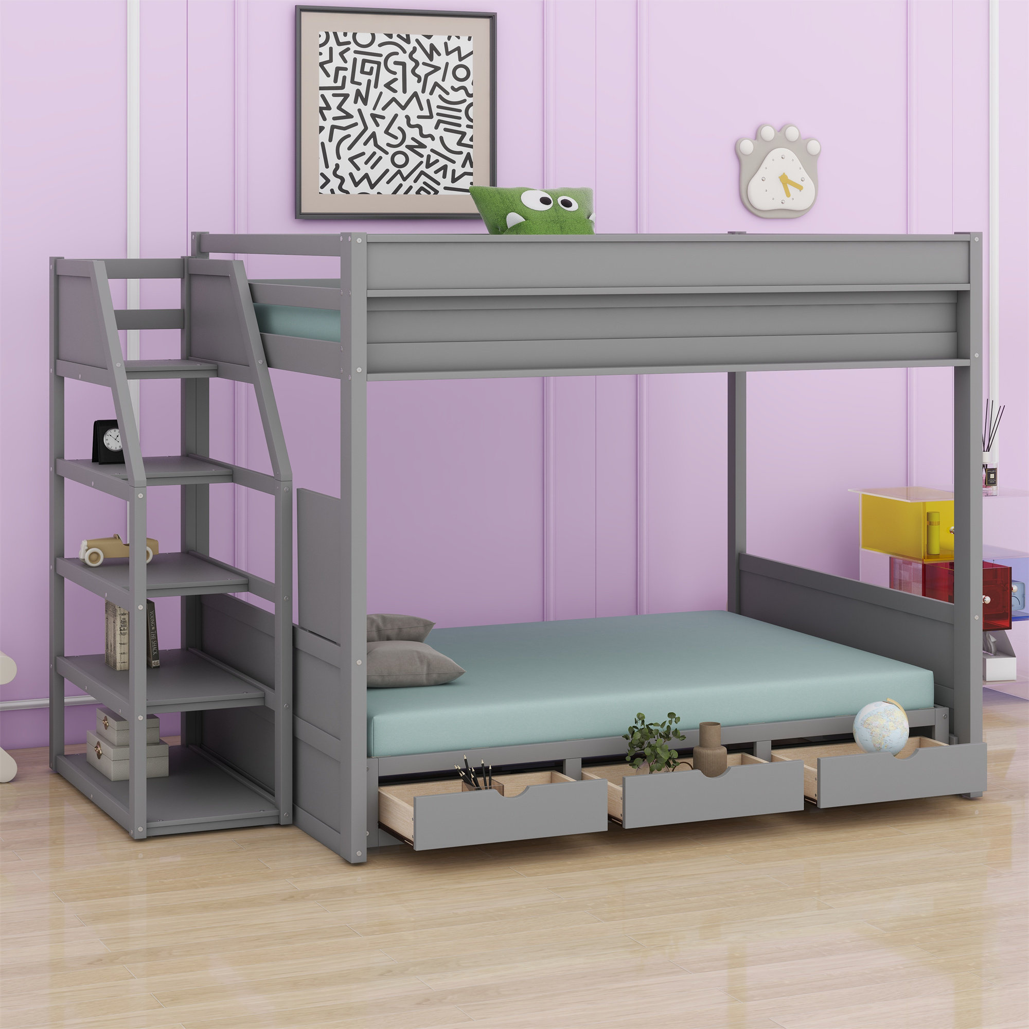 Harriet Bee Wood Convertible Bunk Bed With Storage Staircase, Bedside ...