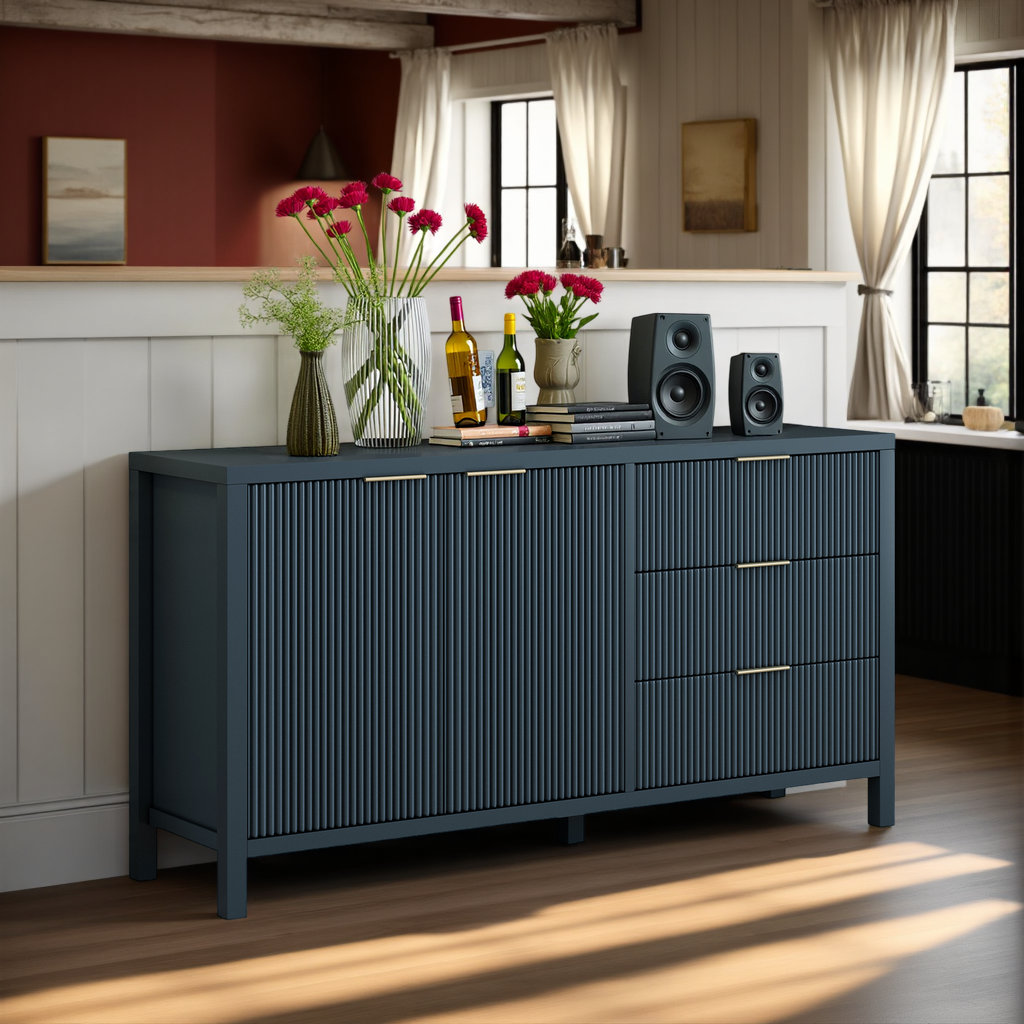 Ebern Designs Wave-Pattern Sideboard Buffet Cabinet with Drawers & Acacia Wood Legs - Wayfair Canada