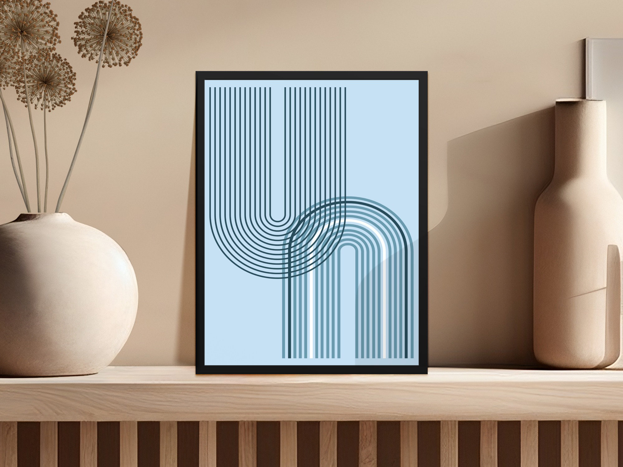 Brayden Studio Minimalist Arches Blue Background Line Art Modern Framed ...