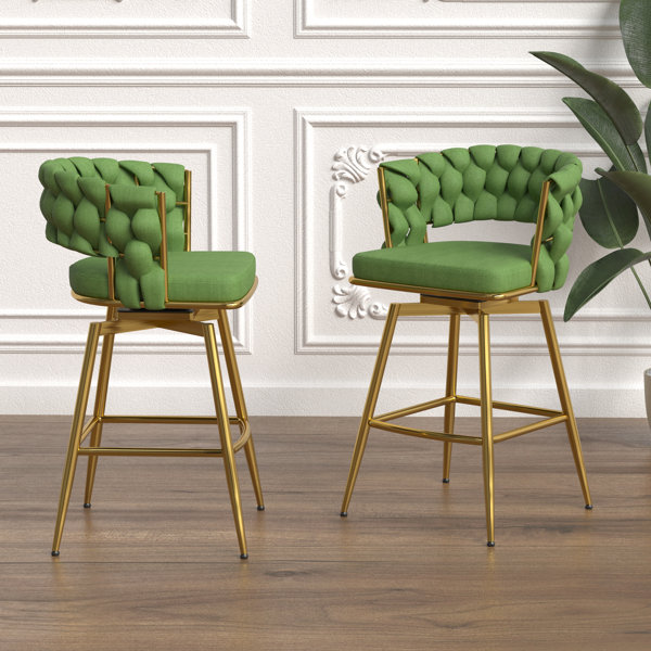 Everly Quinn Dundridge Green Linen Bar Chairs, Swivel 360° with ...