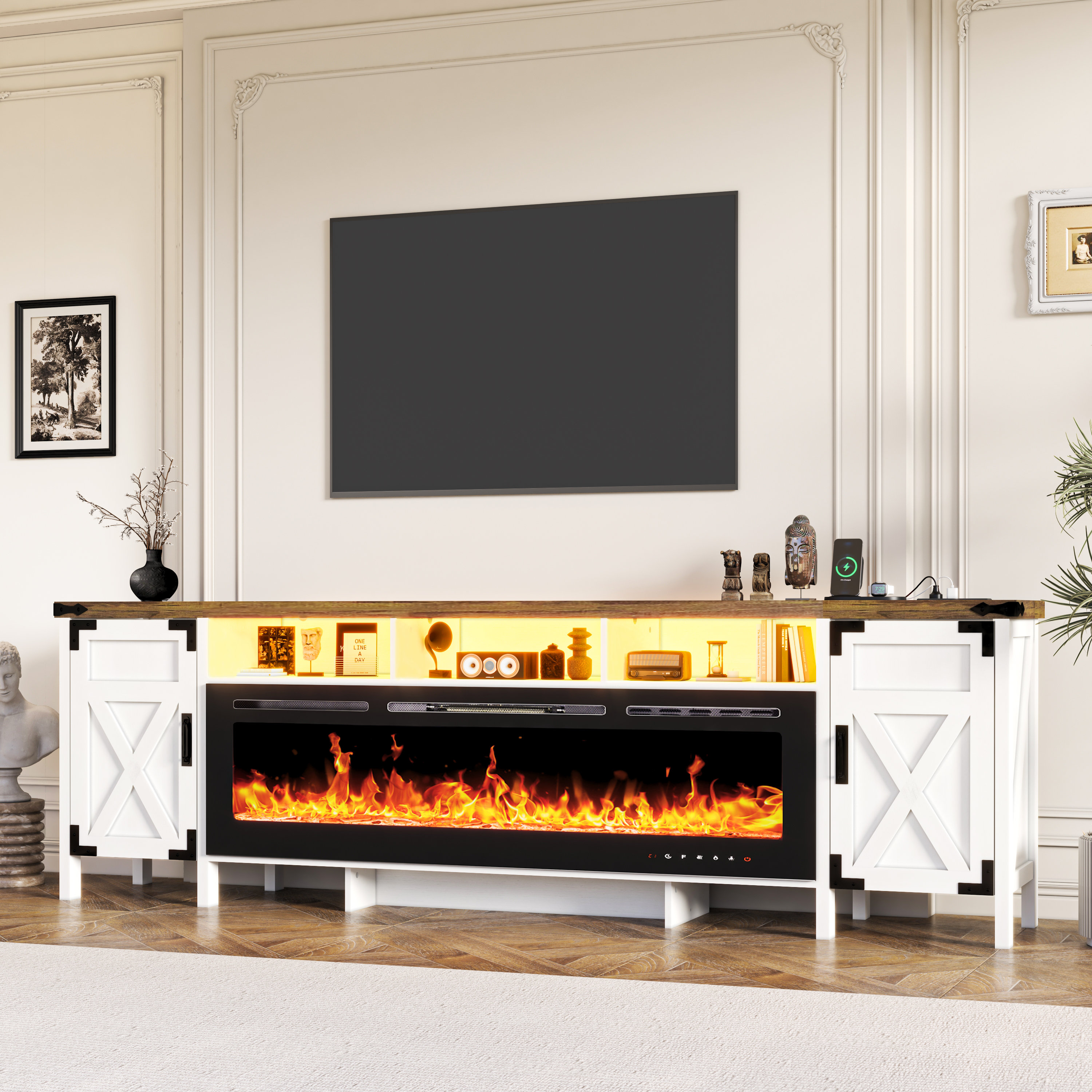 Ivy Bronx 94.4 Inch Farmhouse Tv Stand With 60 Inch Electric Fireplace ...